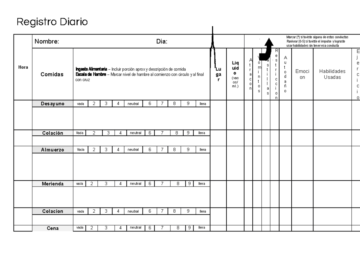 Registro Diario DBT TCA II - Registro Diario Hora Nombre: Dia: Marcar ...