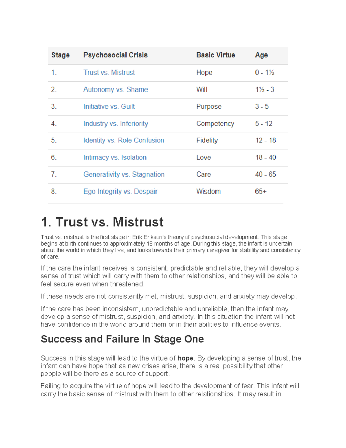 Erikson Psychosocial Develelopment - 1. Trust vs. Mistrust Trust vs ...