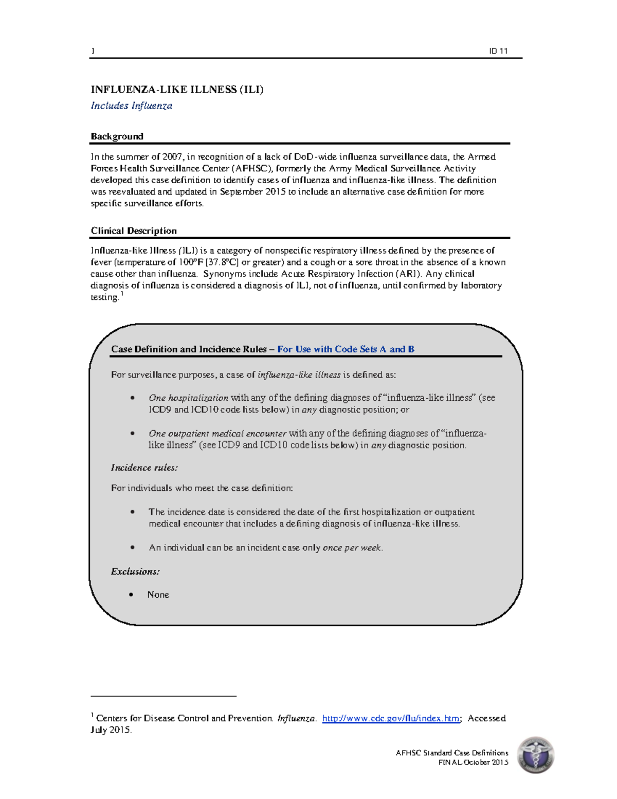 Final Influenza Like Illness cd OCT15 - AFHSC Standard Case Definitions ...