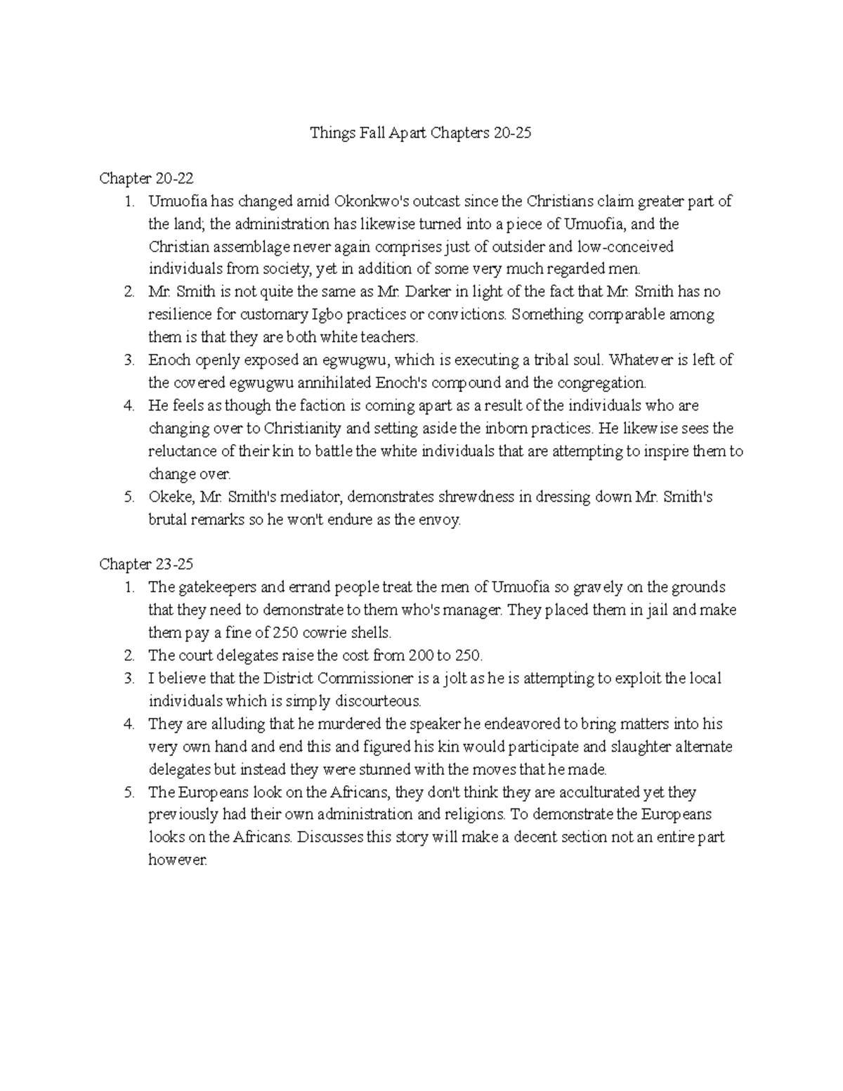 Things Fall Apart Chapter Questions 20-25 - ENGL 138 - MJC - Studocu