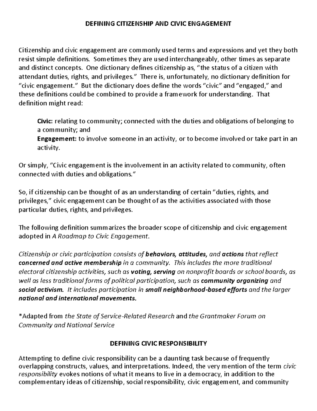 Defining Citizenship and Civic Responsibility - DEFINING CITIZENSHIP ...