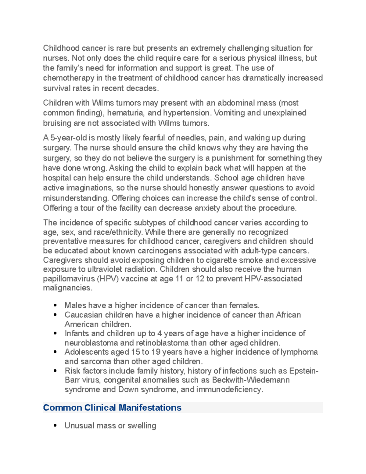Childhood Cancer - notes - Childhood cancer is rare but presents an ...