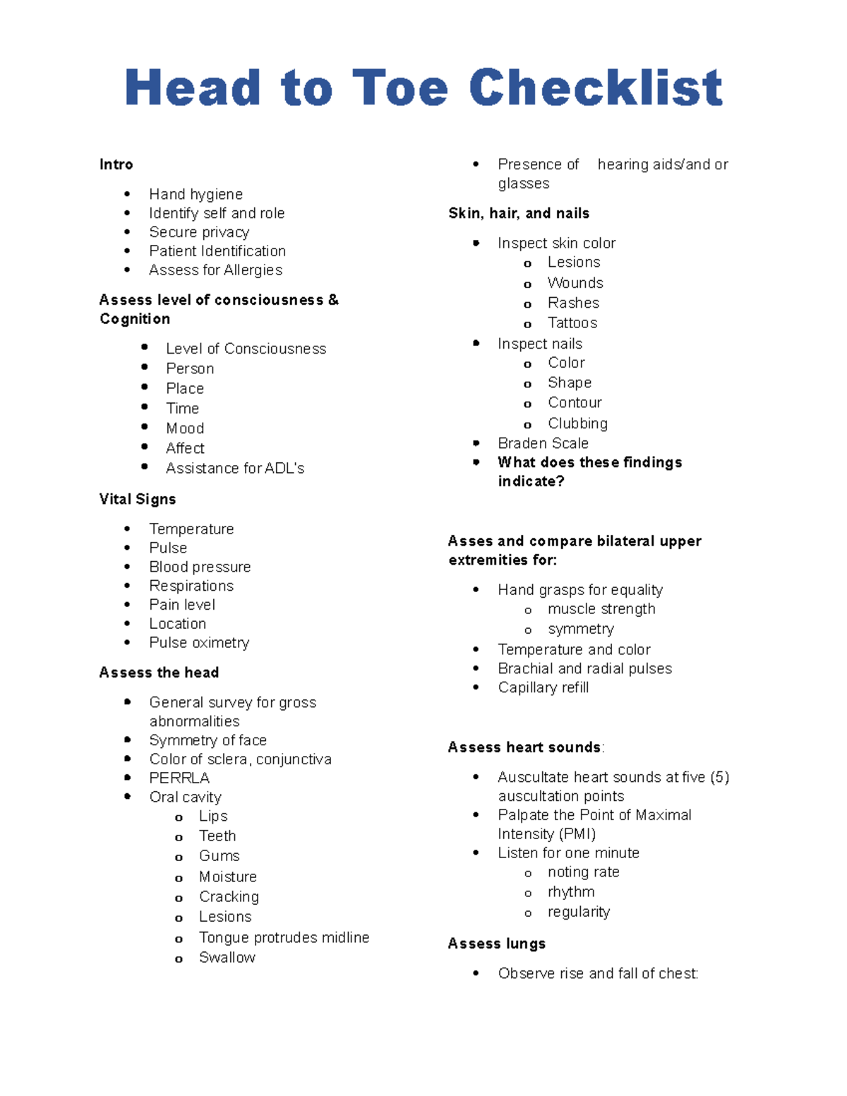6-Head-To-Toe Checklist Tool for VP - Head to Toe Checklist Intro Hand ...