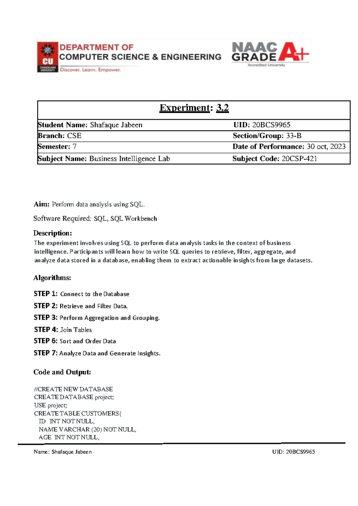 9bi Shafaque - Experiment: 3. Student Name: Shafaque Jabeen UID: 20BCS Branch: CSE Section/Group ...