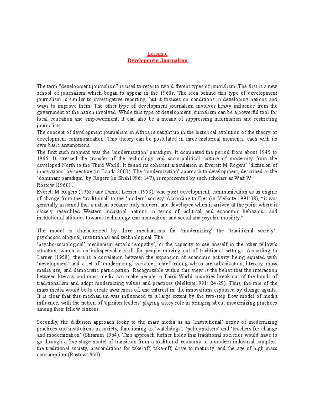 Ch05 Development Journalism - Lesson 6 Development Journalism The term ...