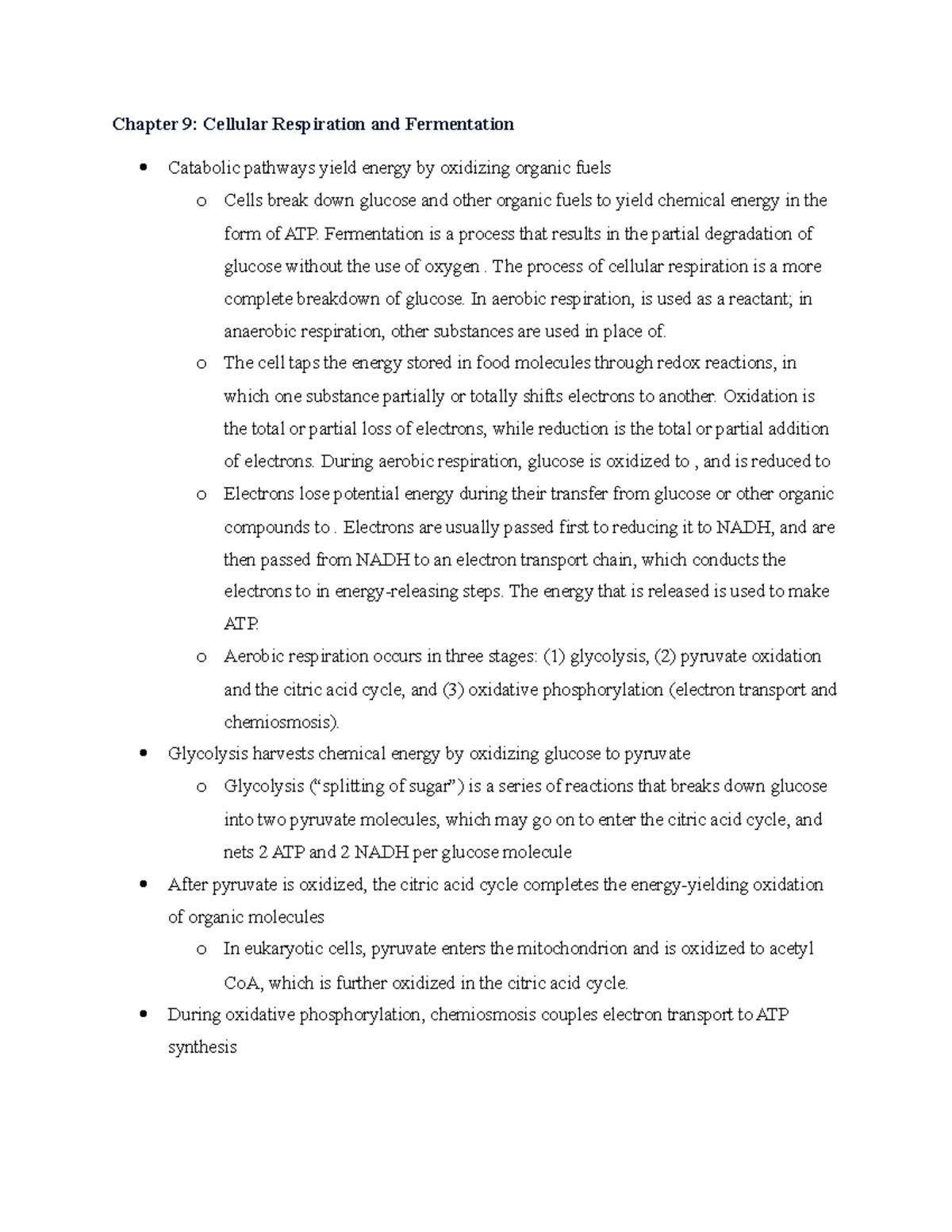 Biology Chapter 9 - Chapter 9: Cellular Respiration and Fermentation ...