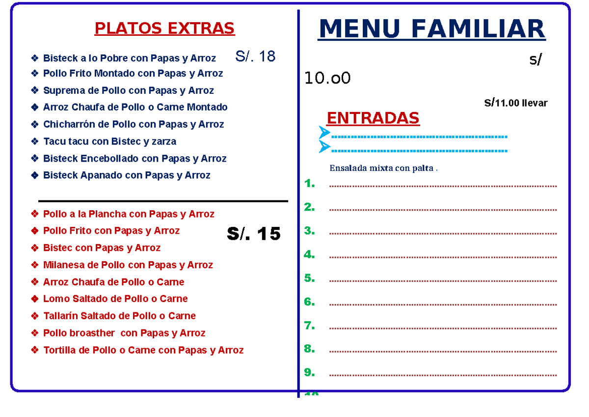 Carta de menu - nbbhjvhgvhg - MENU FAMILIAR s/ 10 s/11 llevar ENTRADAS ...