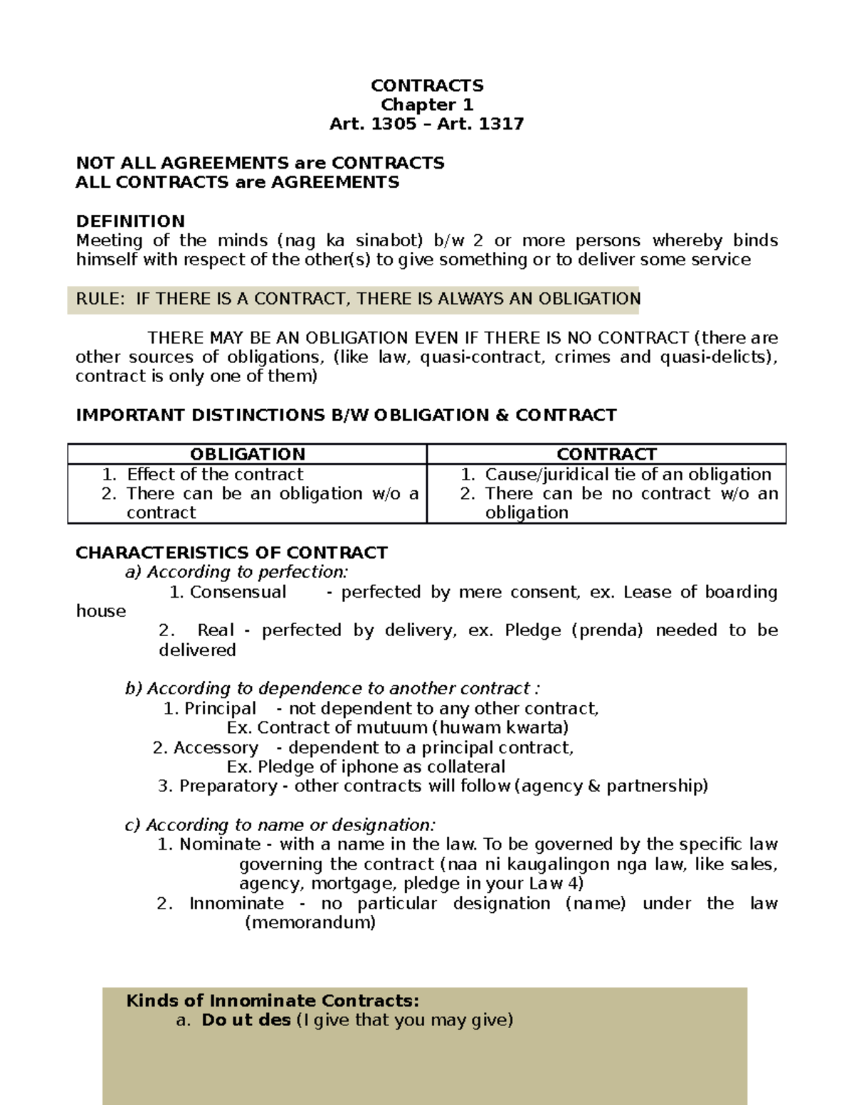 Contracts-Hands-Out - Obligations & Contracts - CONTRACTS Chapter 1 Art ...