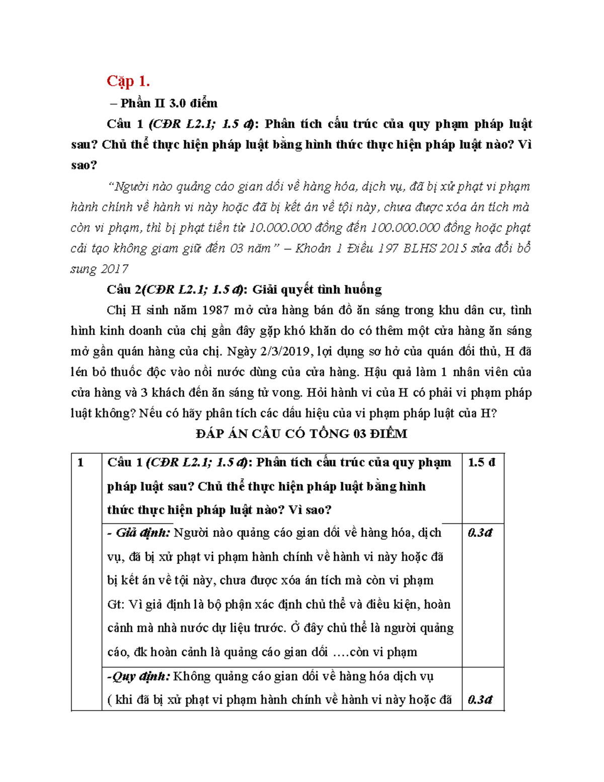 Đề cương và đáp án ( Tụi chị thi y như này) - Cặp 1. Phần II 3 điểm Câu ...