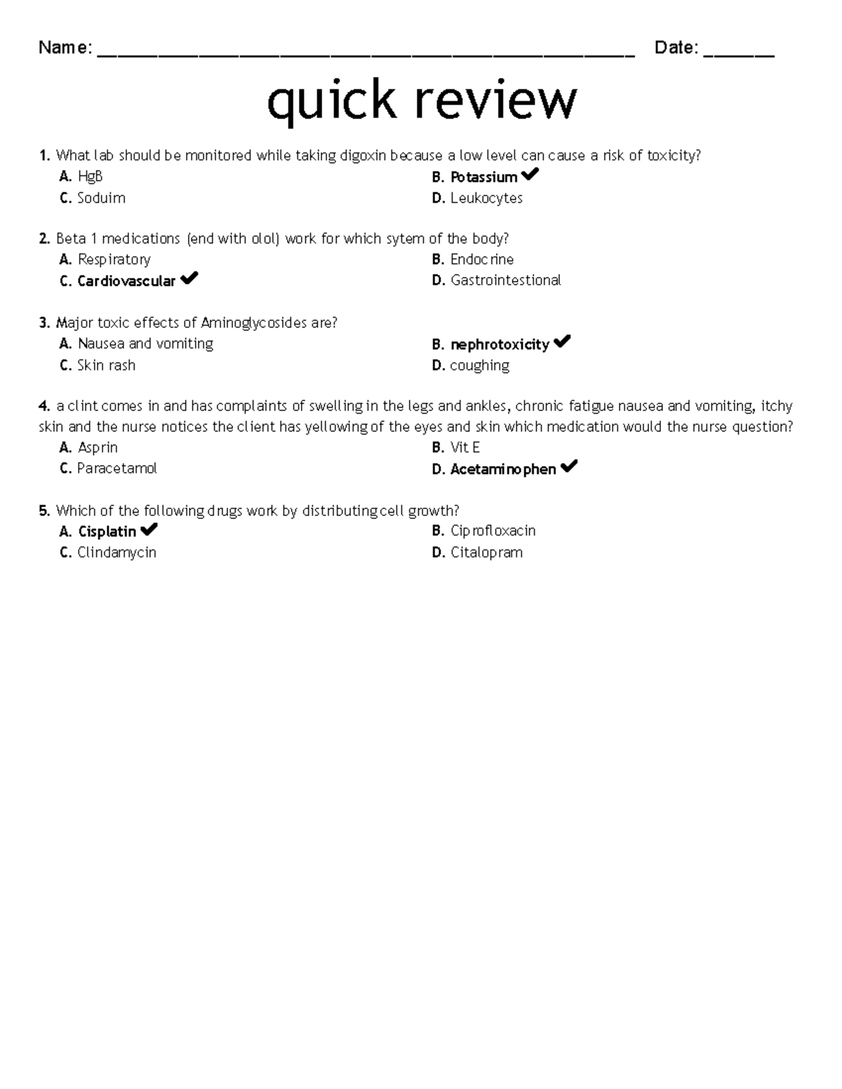 Quick review answer key - quick review What lab should be monitored ...