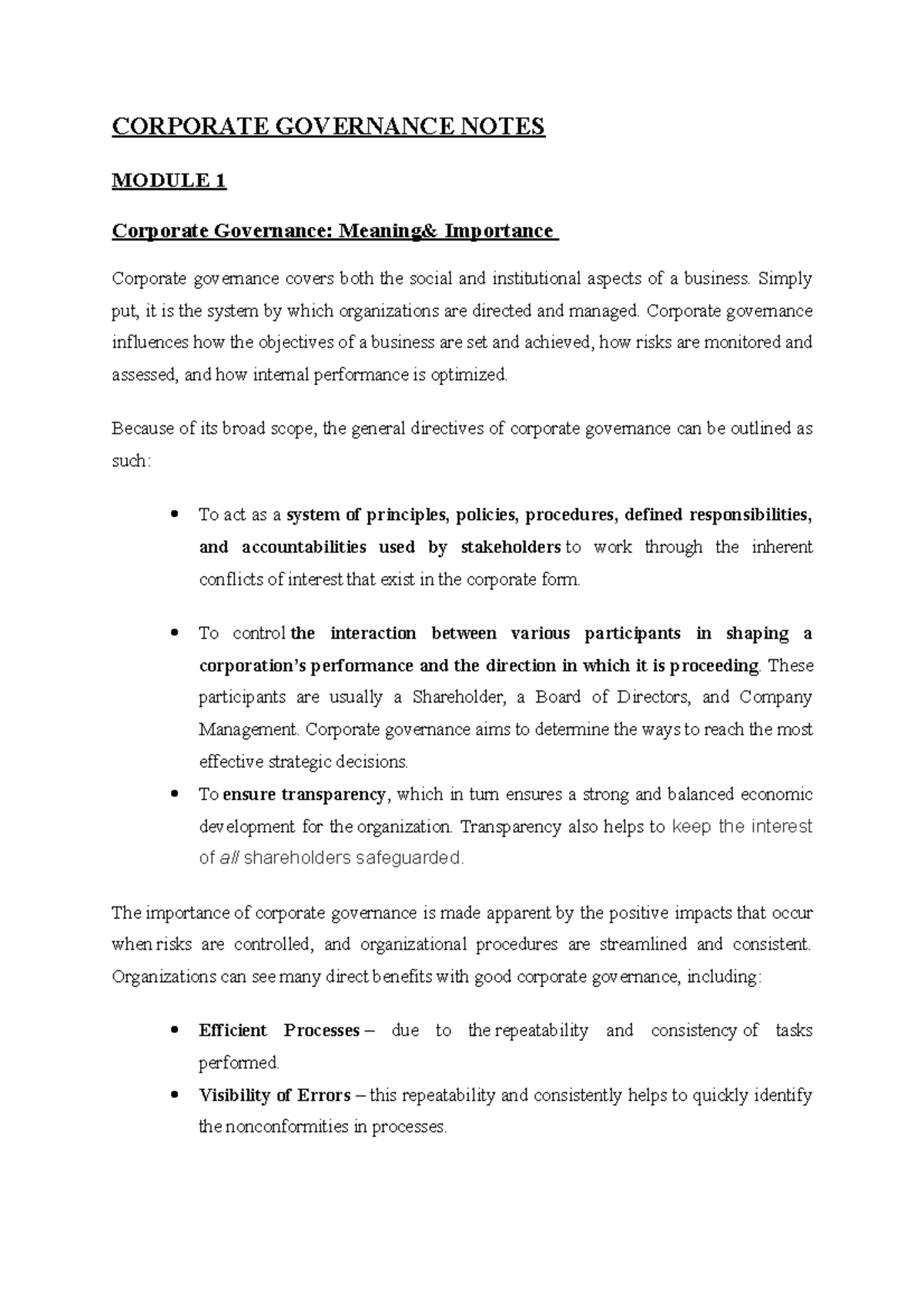Corporate Governance Notes - CORPORATE GOVERNANCE NOTES MODULE 1 ...