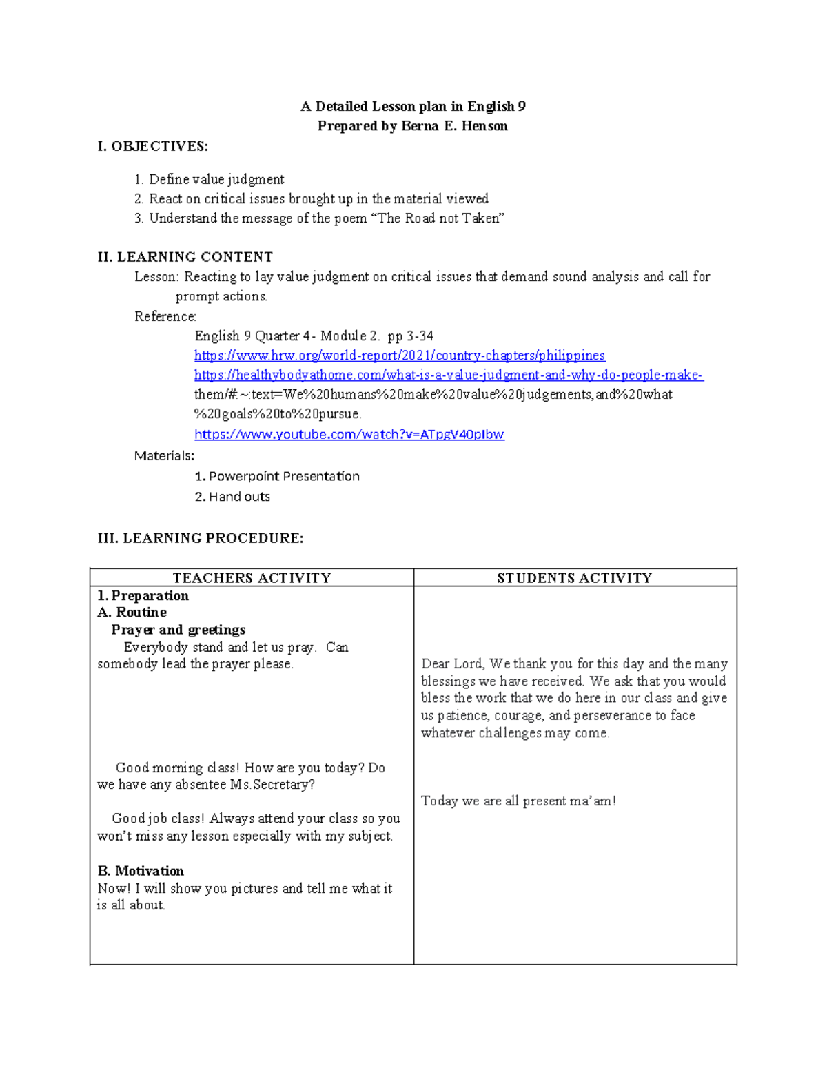 HIGH- School - Junior High DetailedLesson Plan - A Detailed Lesson plan ...
