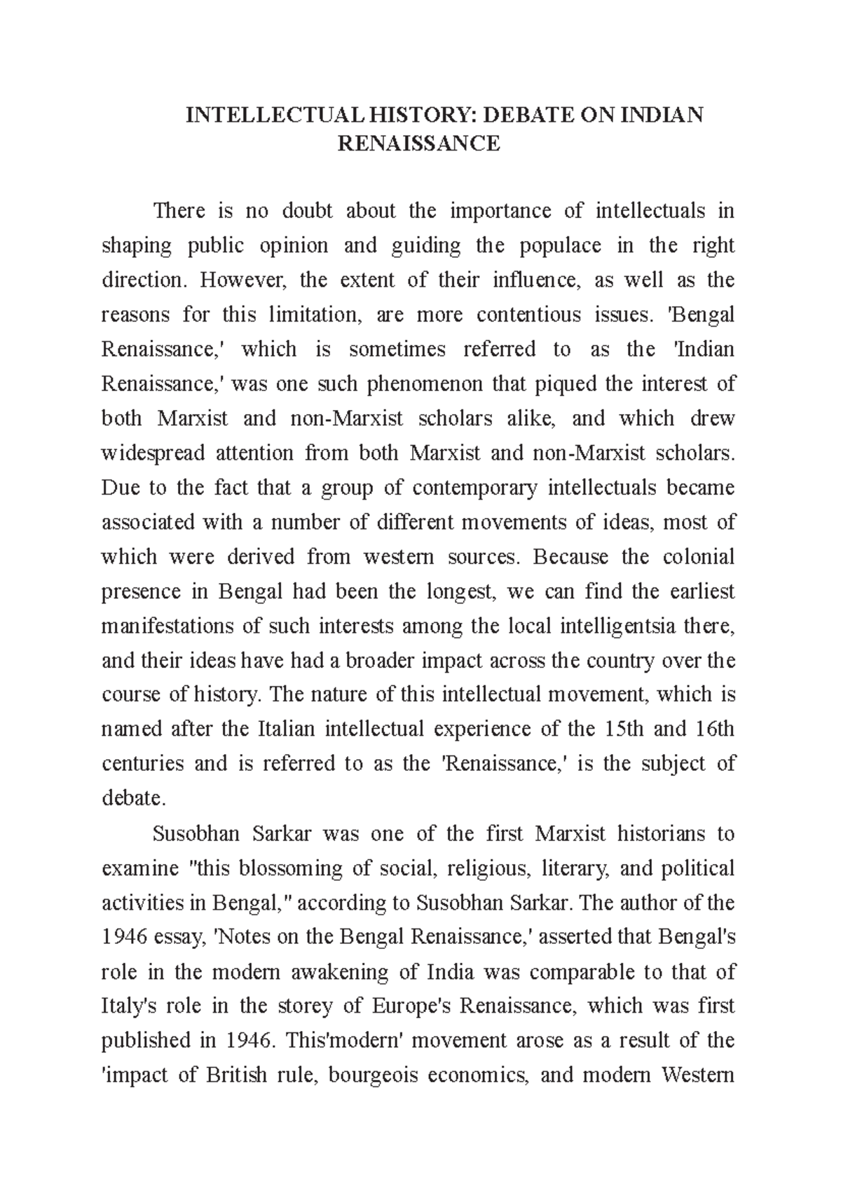 Intellectual History Debate ON Indian Renaissance - INTELLECTUAL ...