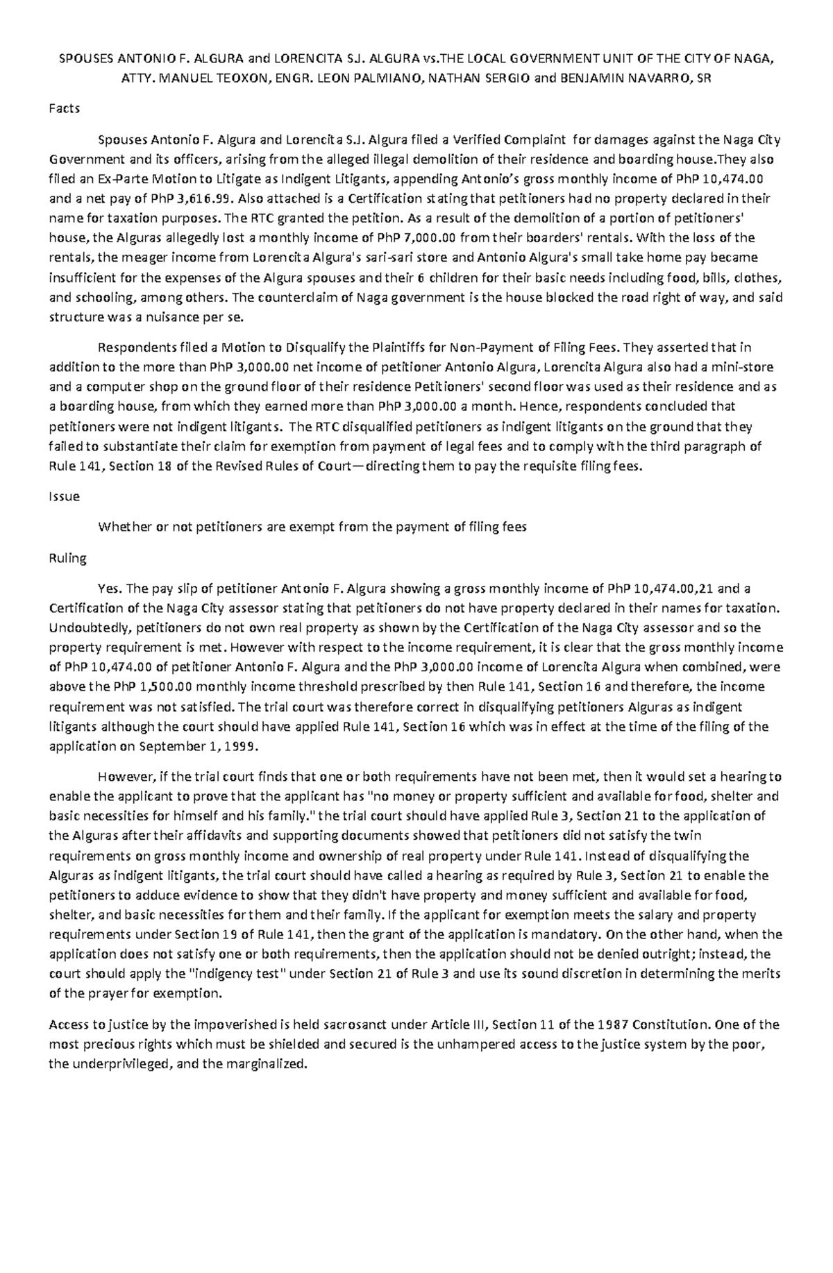 Spouses Antonio F. Algura and Lorencita S.J. Algura vs.THE Local ...