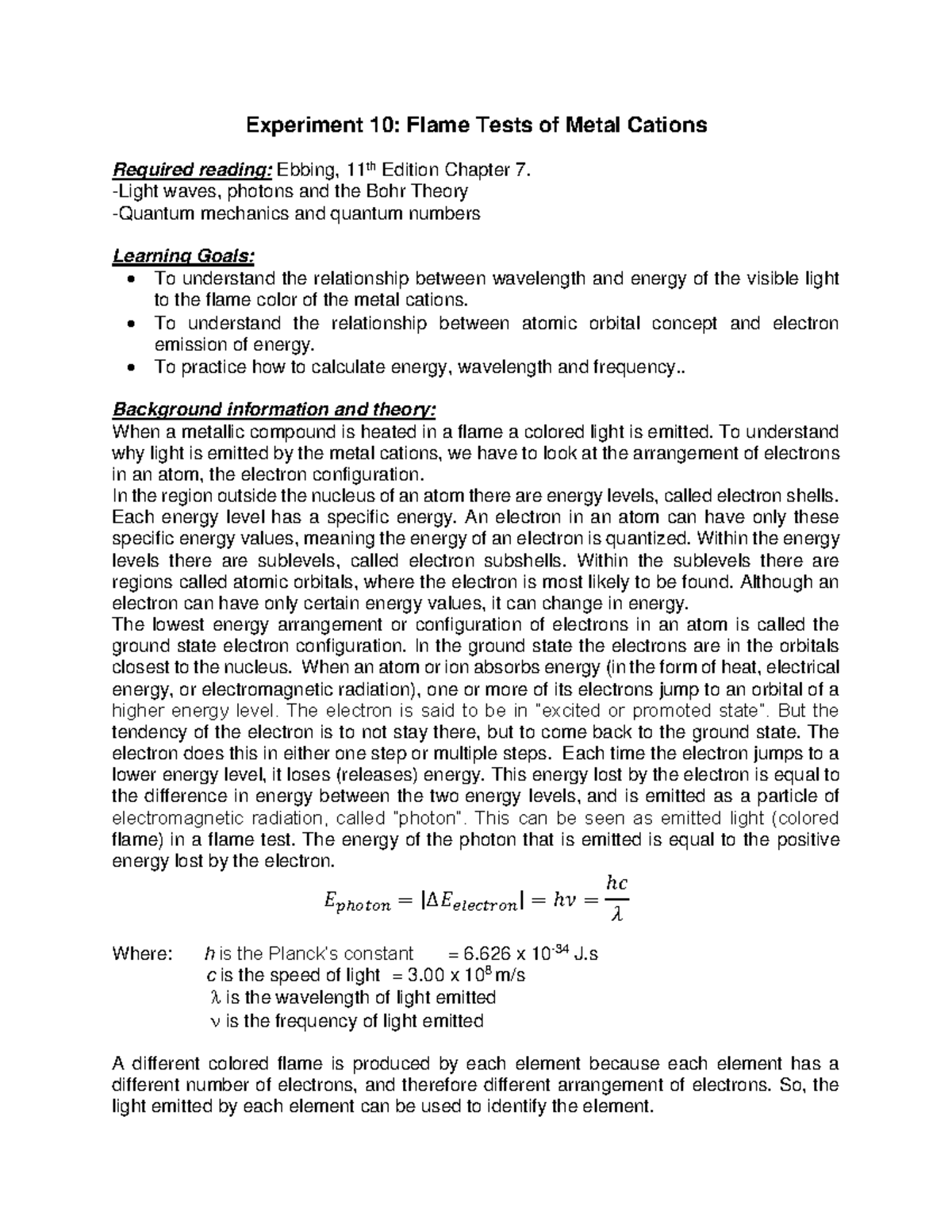 Experiment 10- Flame Tests -Light waves, photons and the Bohr Theory ...