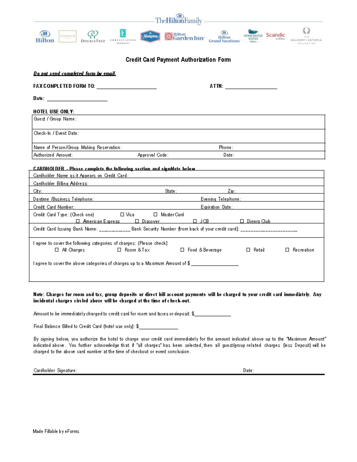 Hilton Credit Card Authorization Form - Credit Card Payment ...