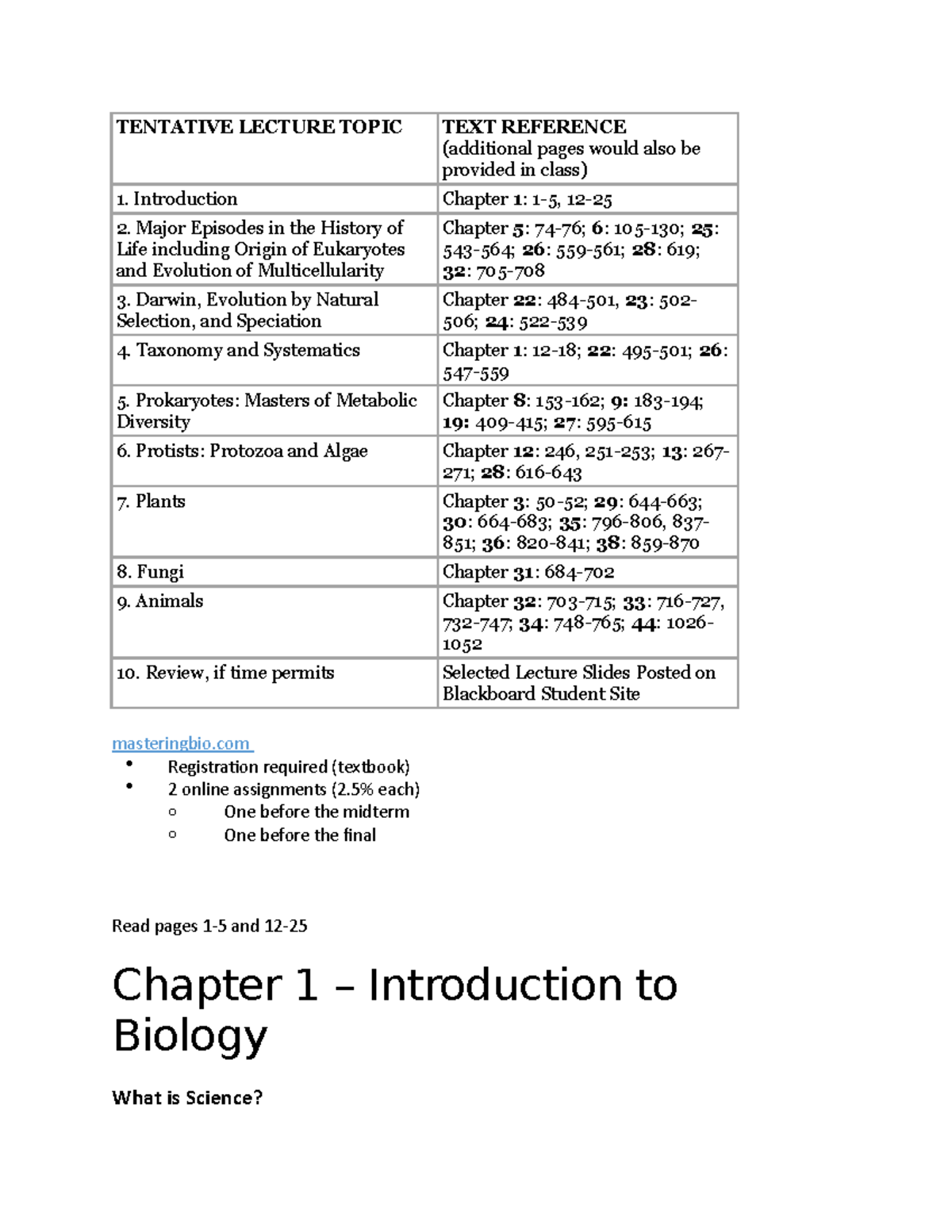 BIOL 108 Lecture Notes - TENTATIVE LECTURE TOPIC TEXT REFERENCE ...
