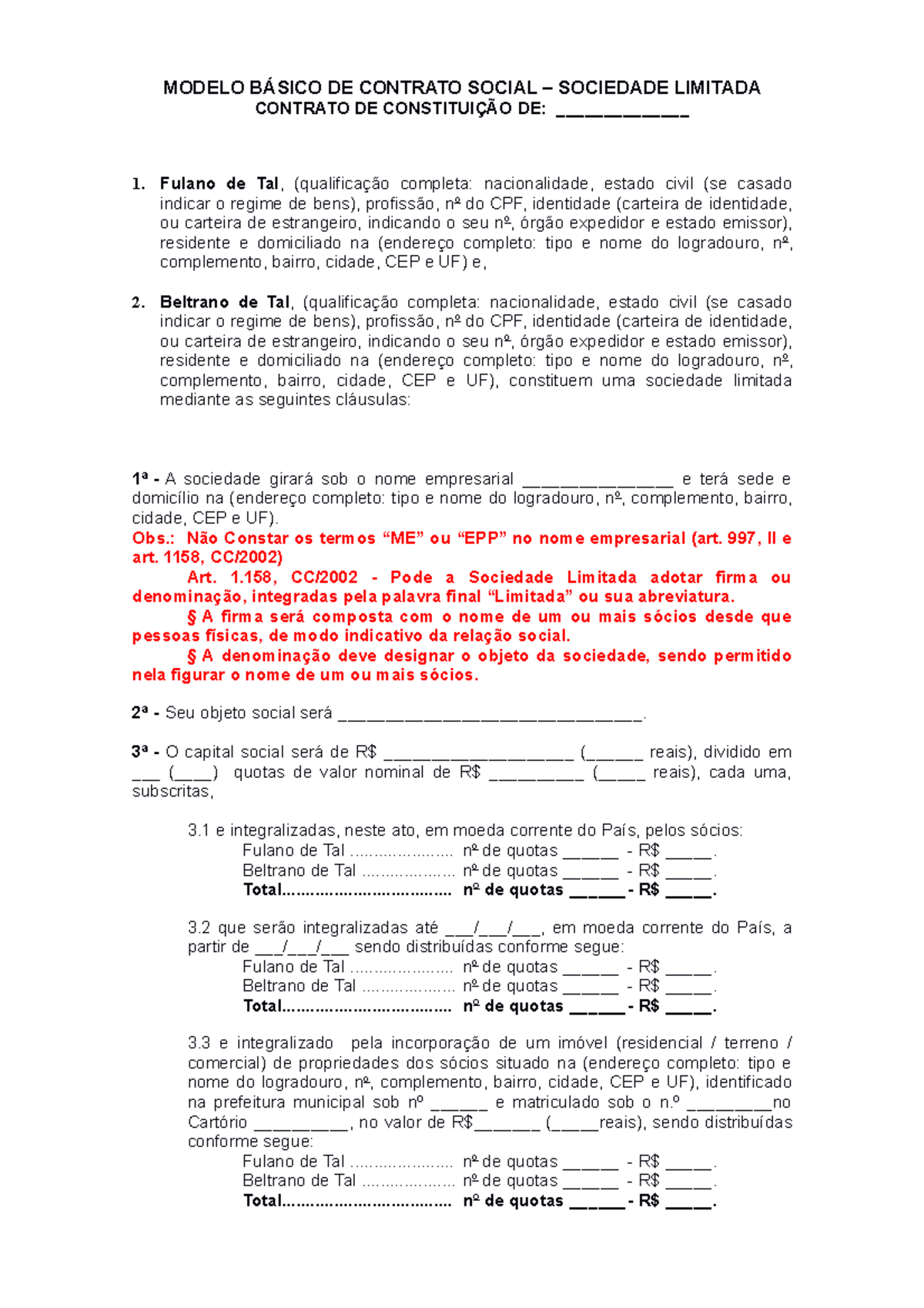 Modelo contrato social - MODELO BÁSICO DE CONTRATO SOCIAL – SOCIEDADE ...