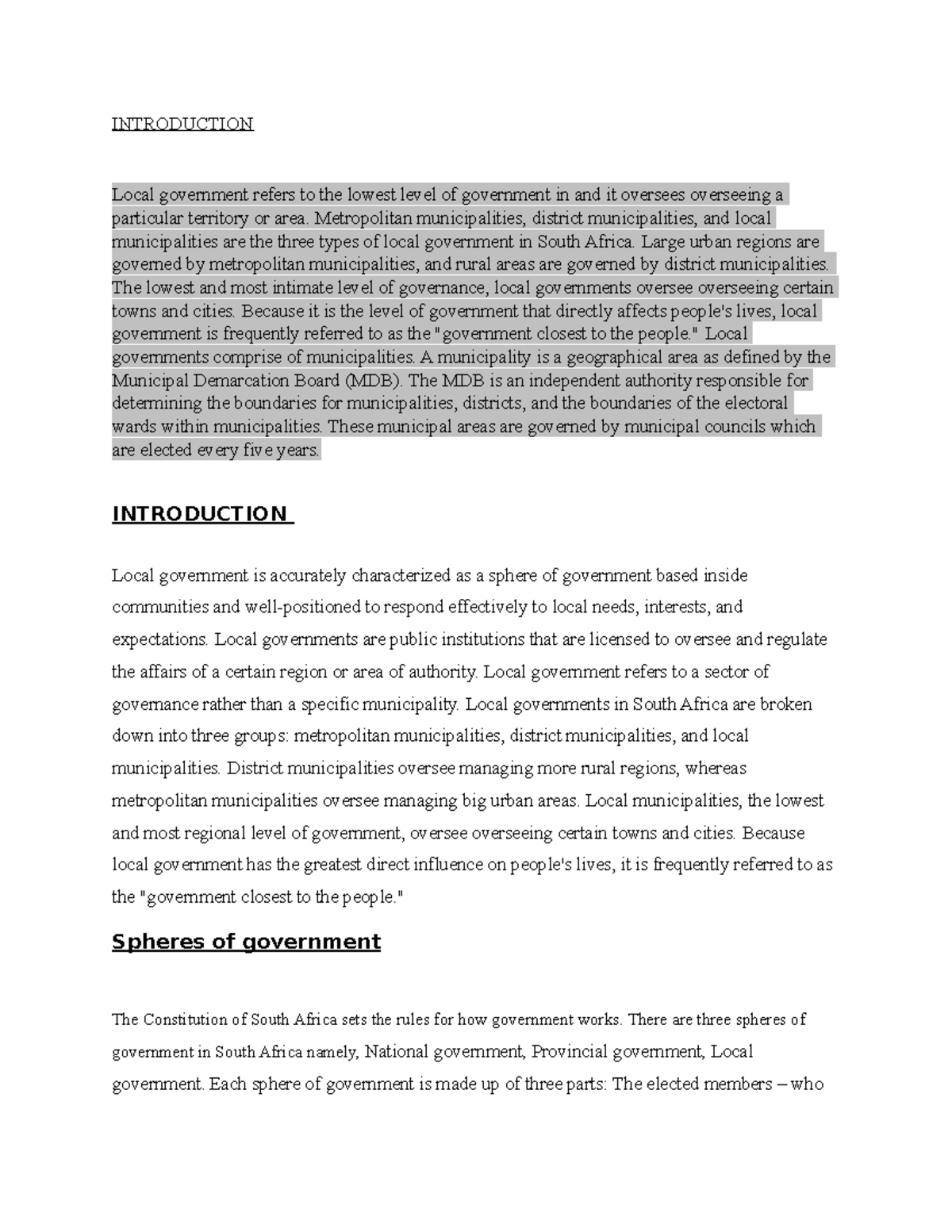 Introductio 1 - notes - INTRODUCTION Local government refers to the ...