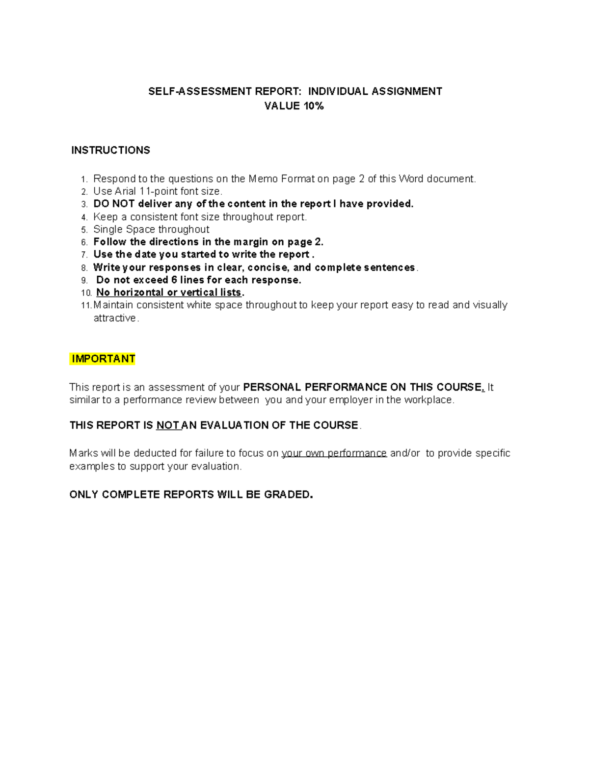 2023 SELF Assessment Report final - SELF-ASSESSMENT REPORT: INDIVIDUAL ASSIGNMENT VALUE 10% ...