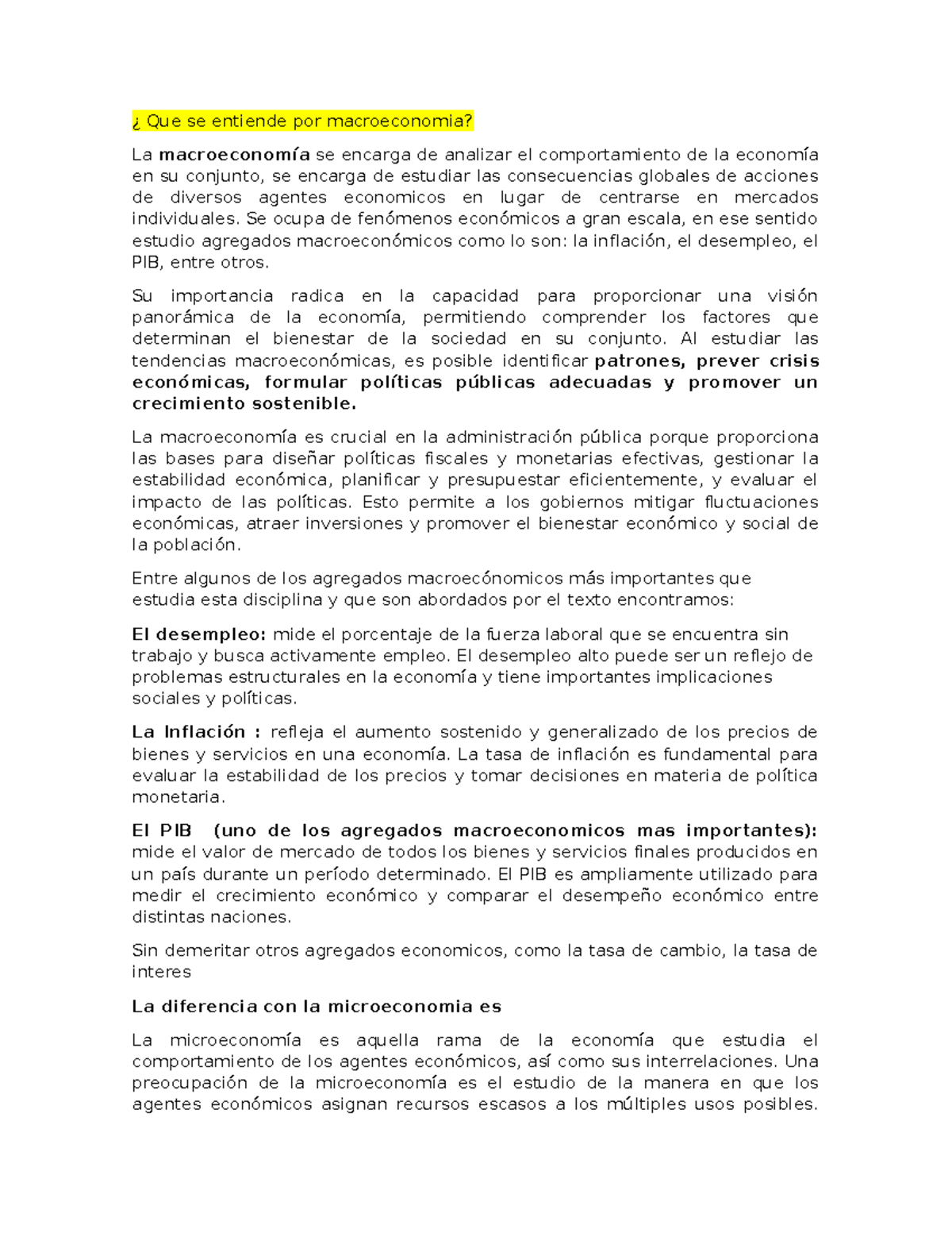 Trabajo Macro Economia - ¿ Que se entiende por macroeconomia? La macroeconomía se encarga de ...