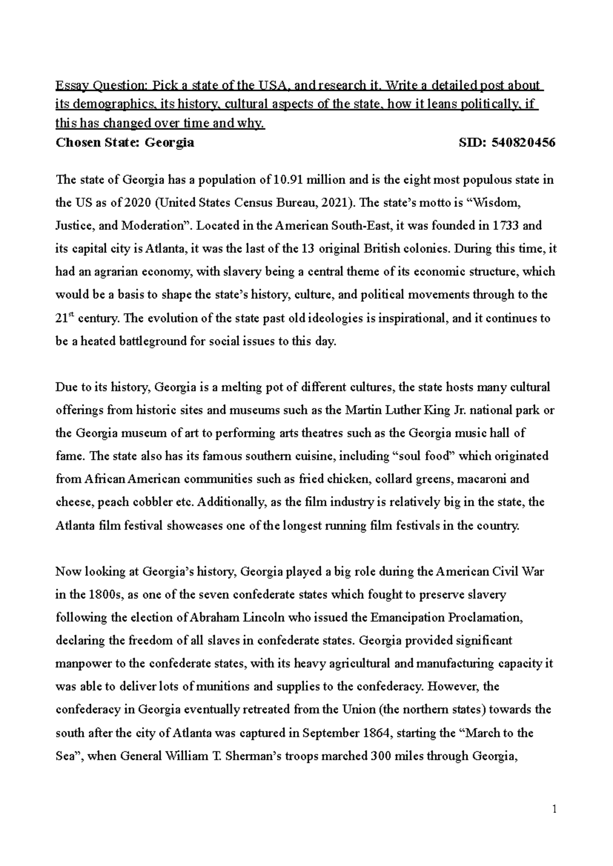 Understanding the USA Research Essay - Essay Question: Pick a state of ...