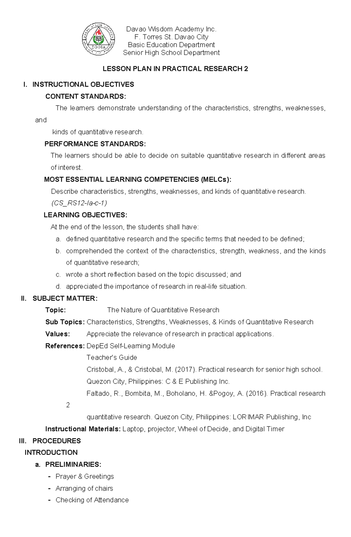 Lesson-PLAN PR2 3IS- Format - Davao Wisdom Academy Inc. F. Torres St ...