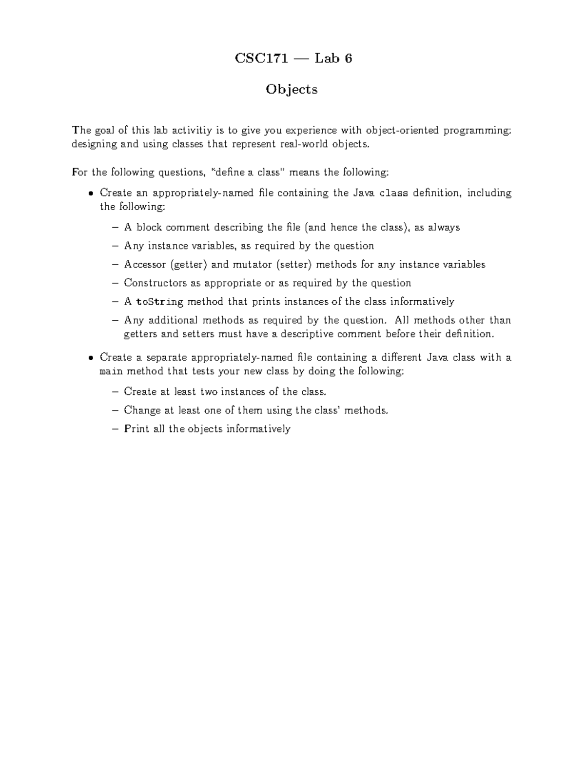 CSC171 Lab 06 - Adam Purtee - CSC171 — Lab 6 Objects The goal of this ...