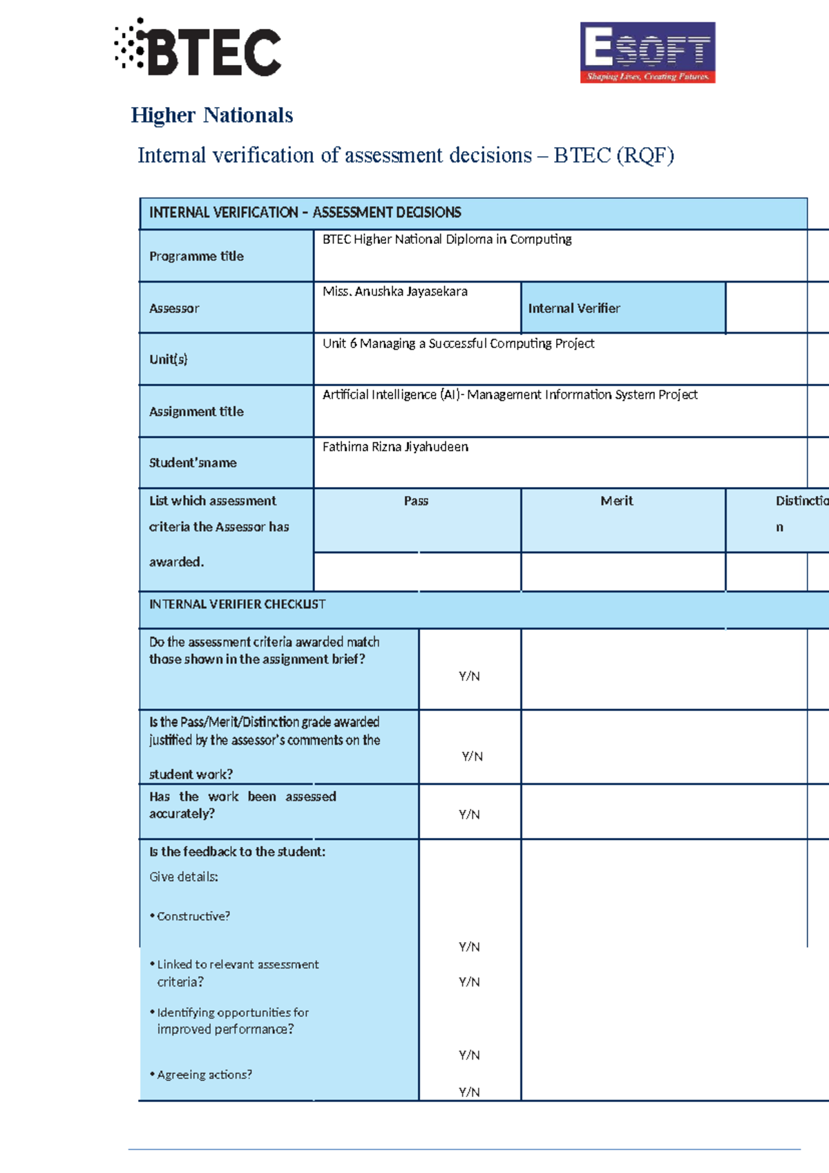 MSCP - Sample 2 - Higher Nationals Internal verification of assessment ...