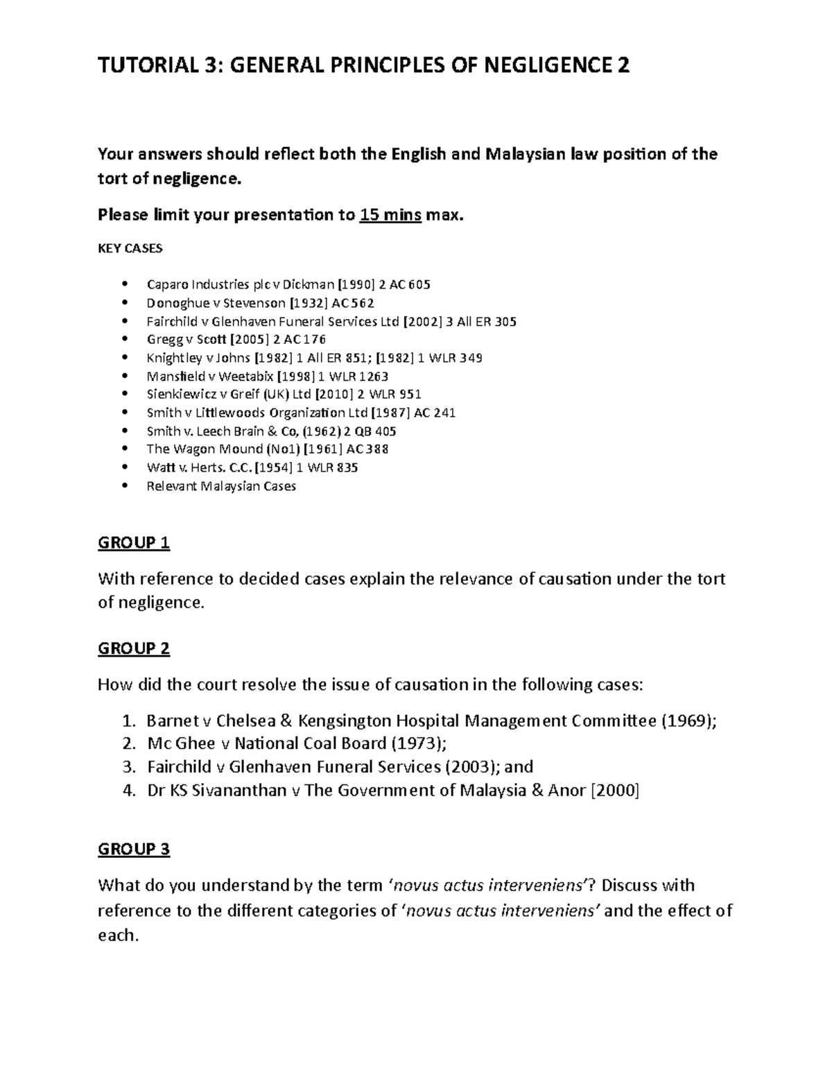 Tutorial 3 Questions - TUTORIAL 3: GENERAL PRINCIPLES OF NEGLIGENCE 2 ...