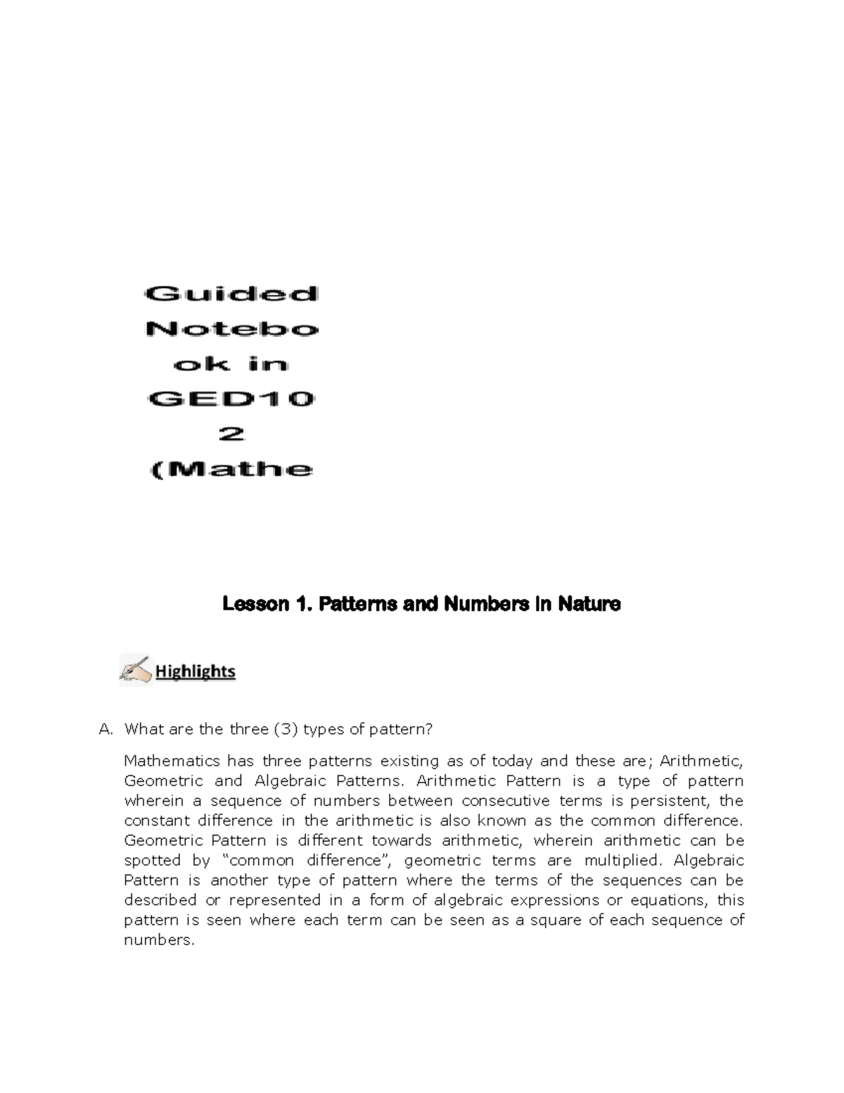 GED102 W1 Weekly Guided Notebook M1 - Lesson 1. Patterns and Numbers in ...