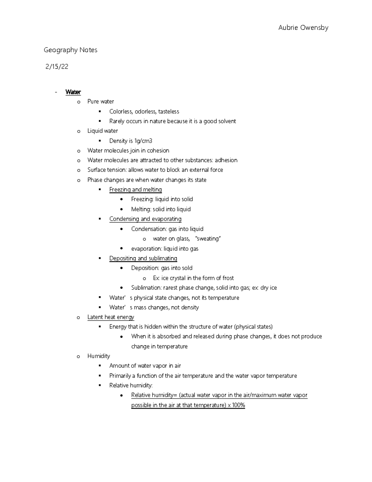 geography water properties - Geography Notes 2/15/ Water o Pure water ...