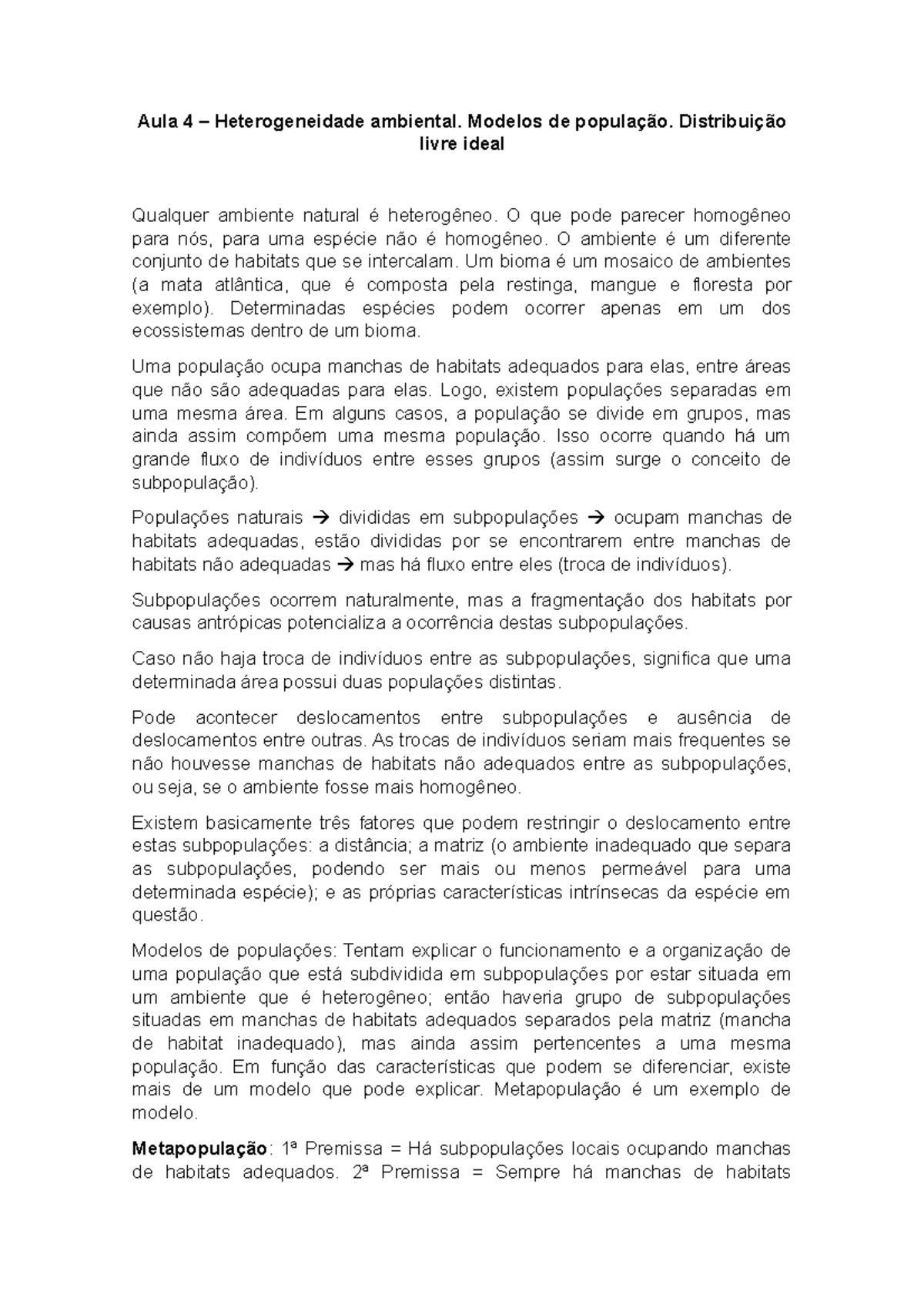 Heterogeneidade Ambiental e Modelos de População - Aula 4 ...