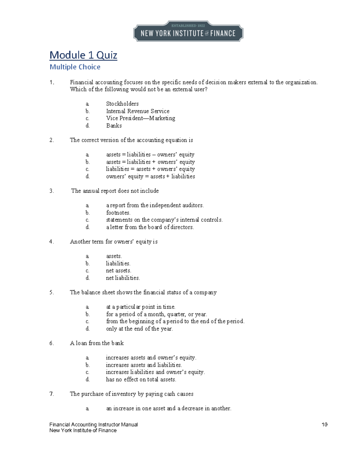 EBI NYIF Module 1 - Financial Accounting Instructor Manual New York ...