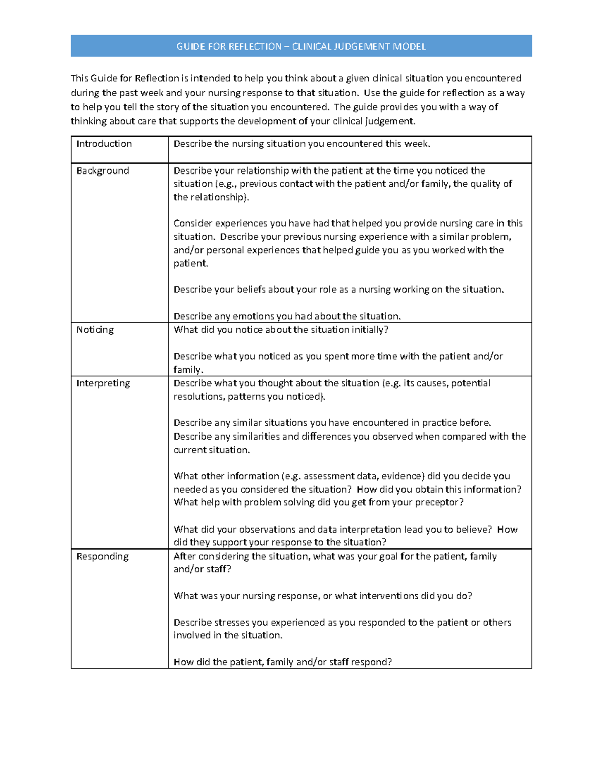Guide for reflection - Use the guide for reflection as a way to help ...
