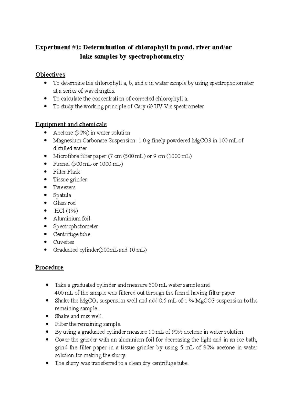 Expt 1 Prelab - Experiment #1: Determination of chlorophyll in pond ...