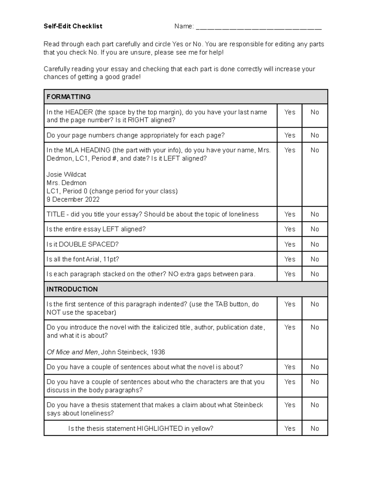 Writing Checklist - Self-Edit Checklist Name ...