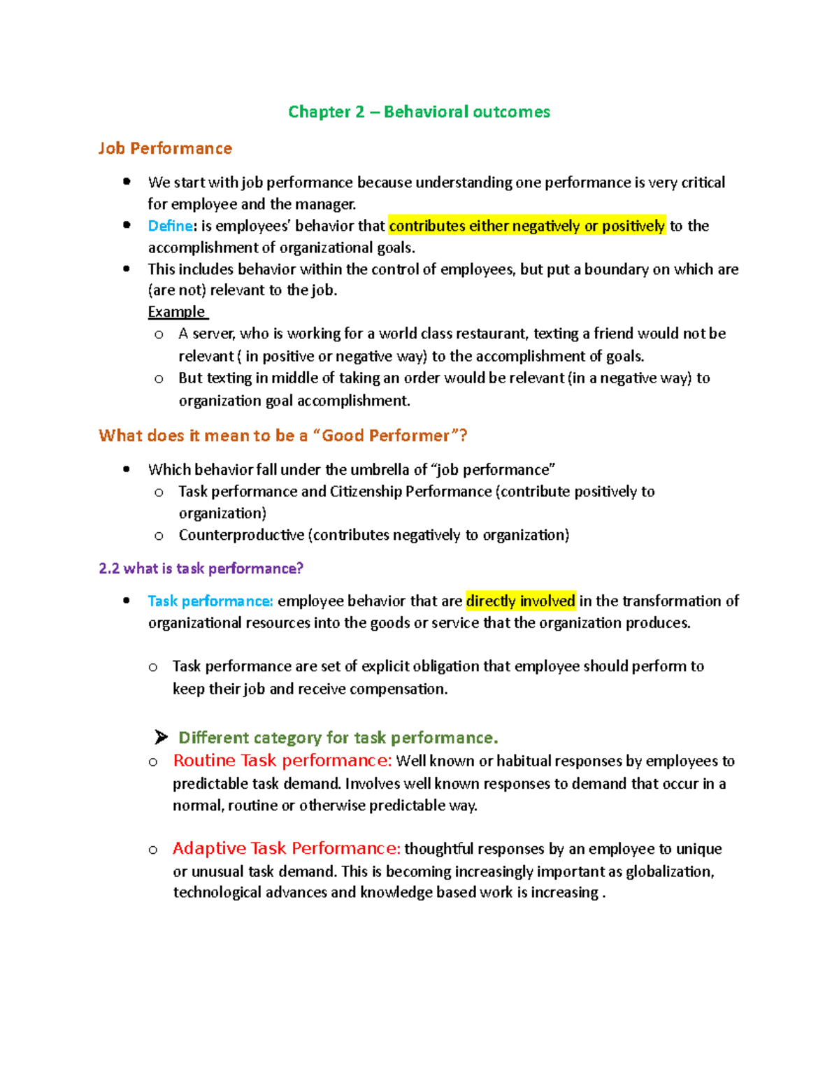 Chapter 2 - Lecture notes 2 - Chapter 2 – Behavioral outcomes Job ...