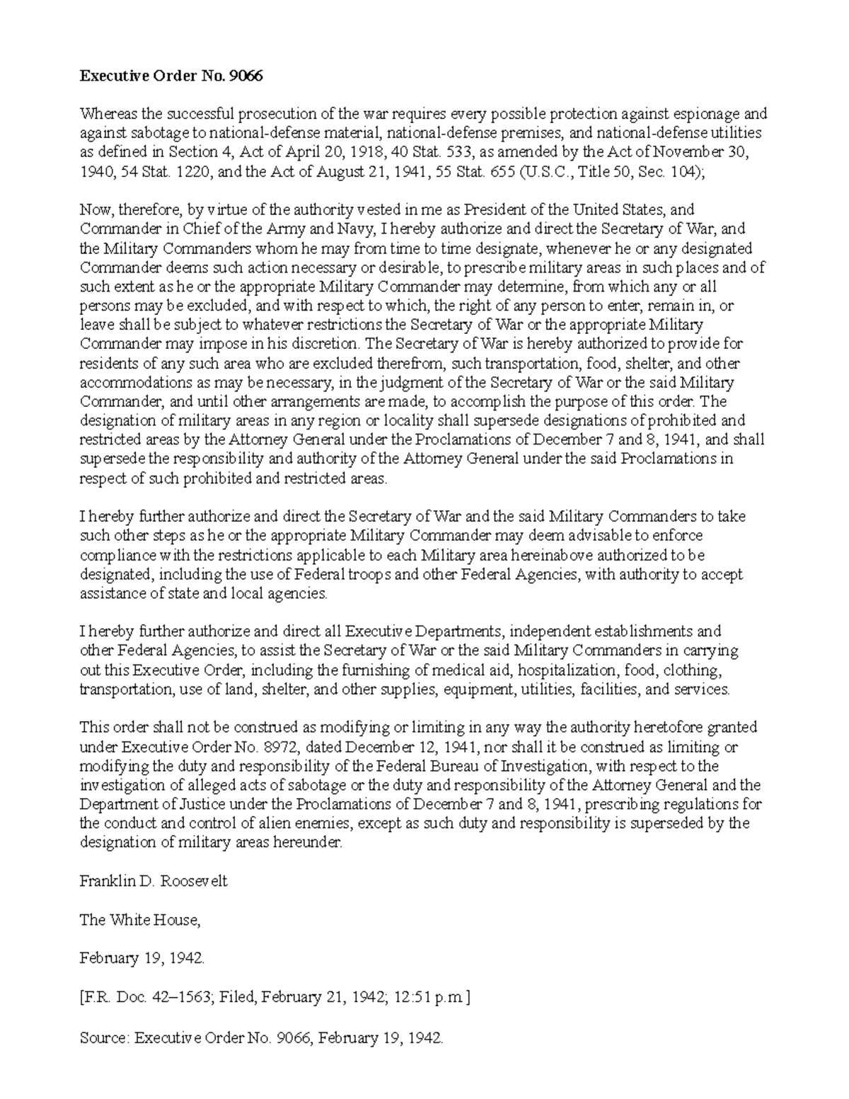 Sharon Porras Chacon - Analysis of EO9066 - Executive Order No. 9066 ...