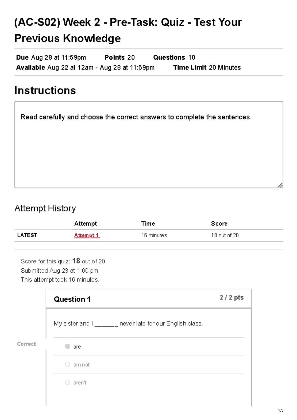 Week 2 - Pre-Task Quiz - Test Your Previous Knowledge Ingles II - (AC ...