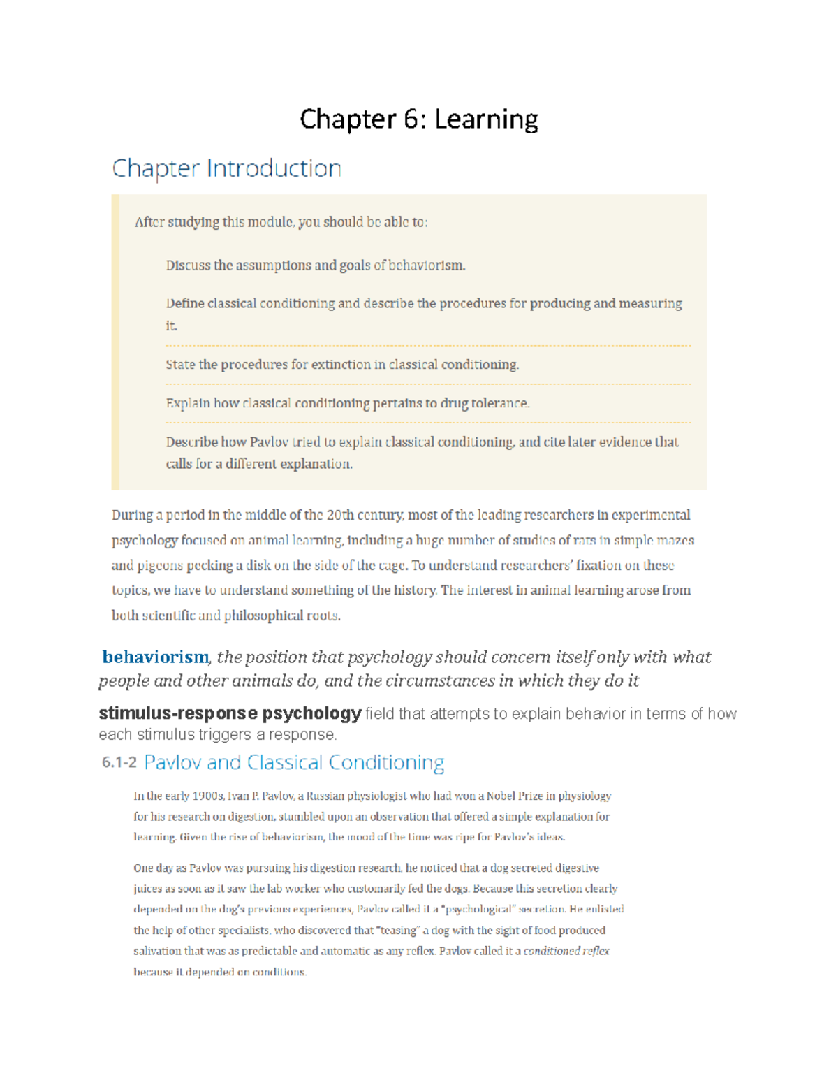 Chapter 6 Terms Psychology - Chapter 6: Learning behaviorism, the ...