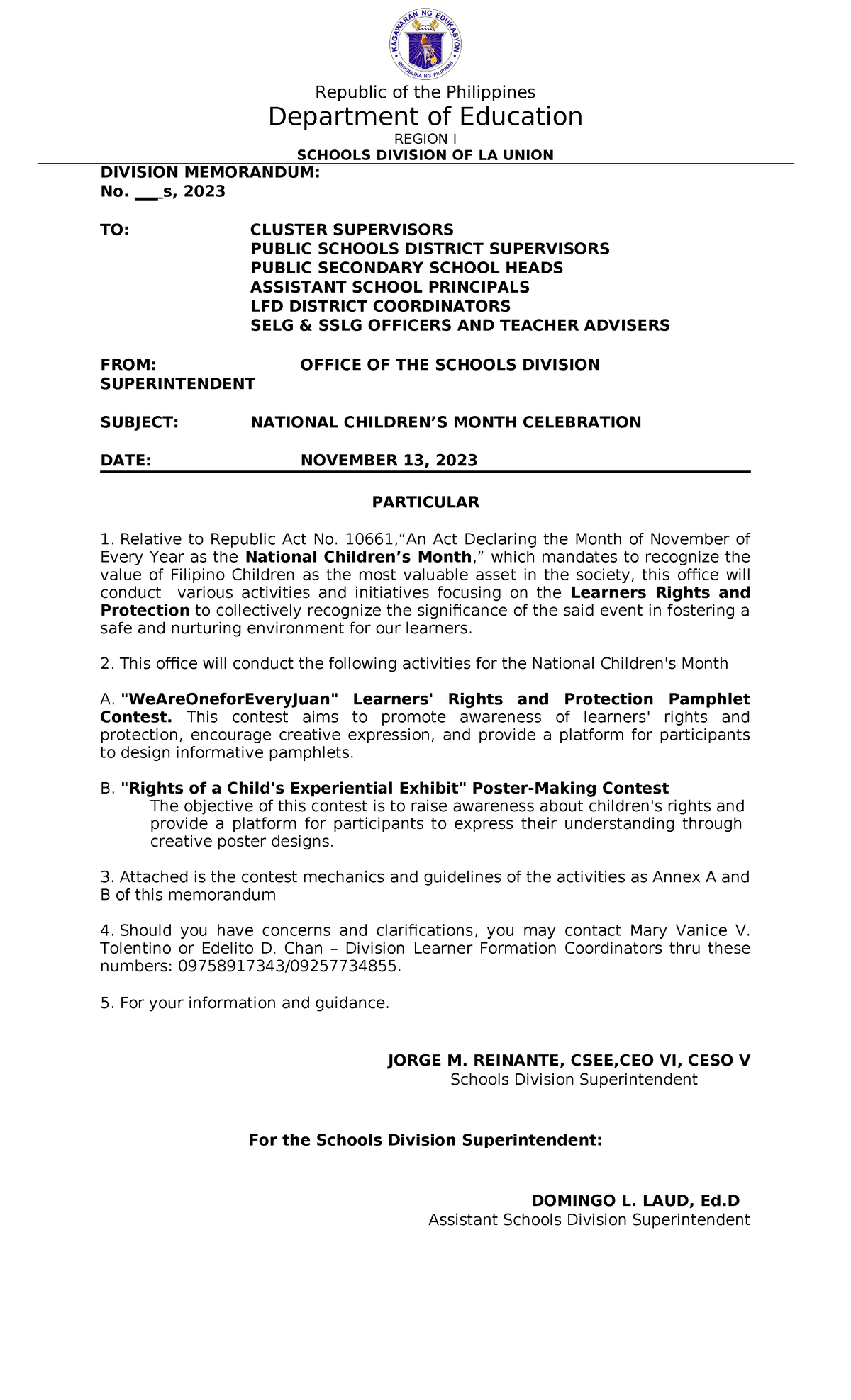 Memo National Children Month LRPO 1 - Department of Education REGION I ...
