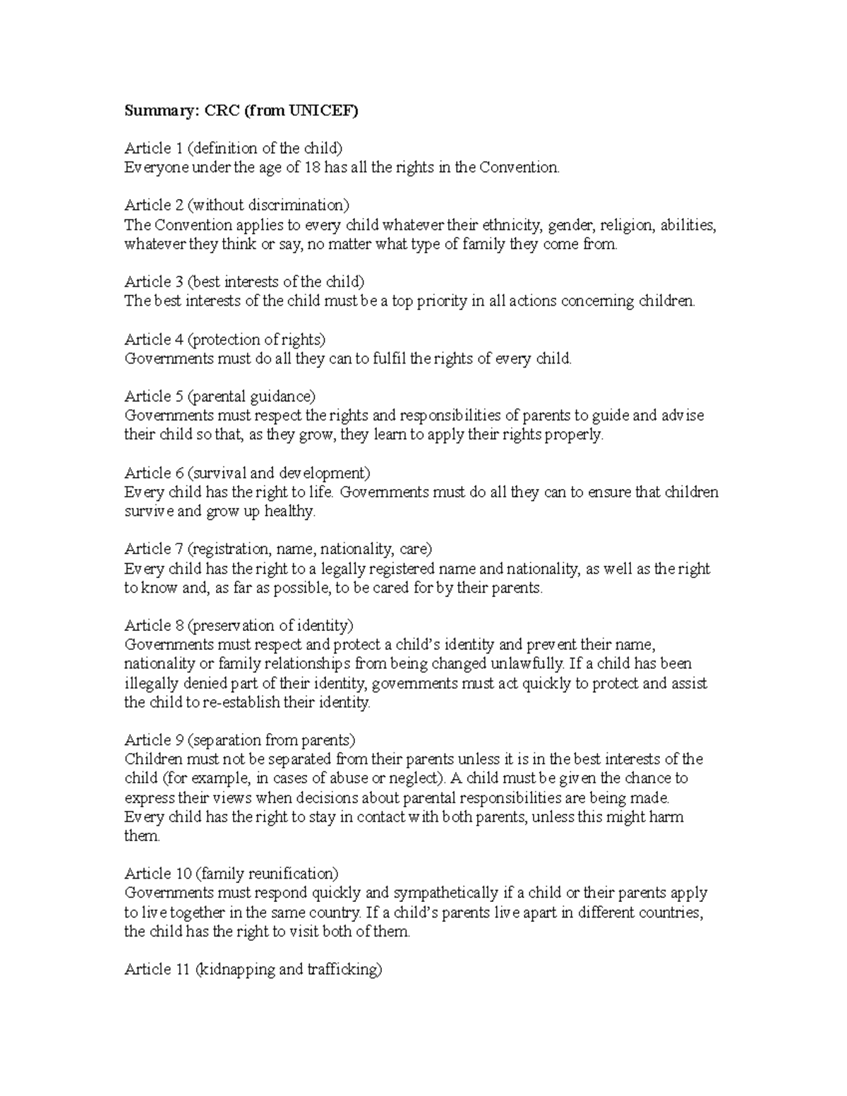 Summary CRC - Convention on the Rights of a Child - Summary: CRC (from ...