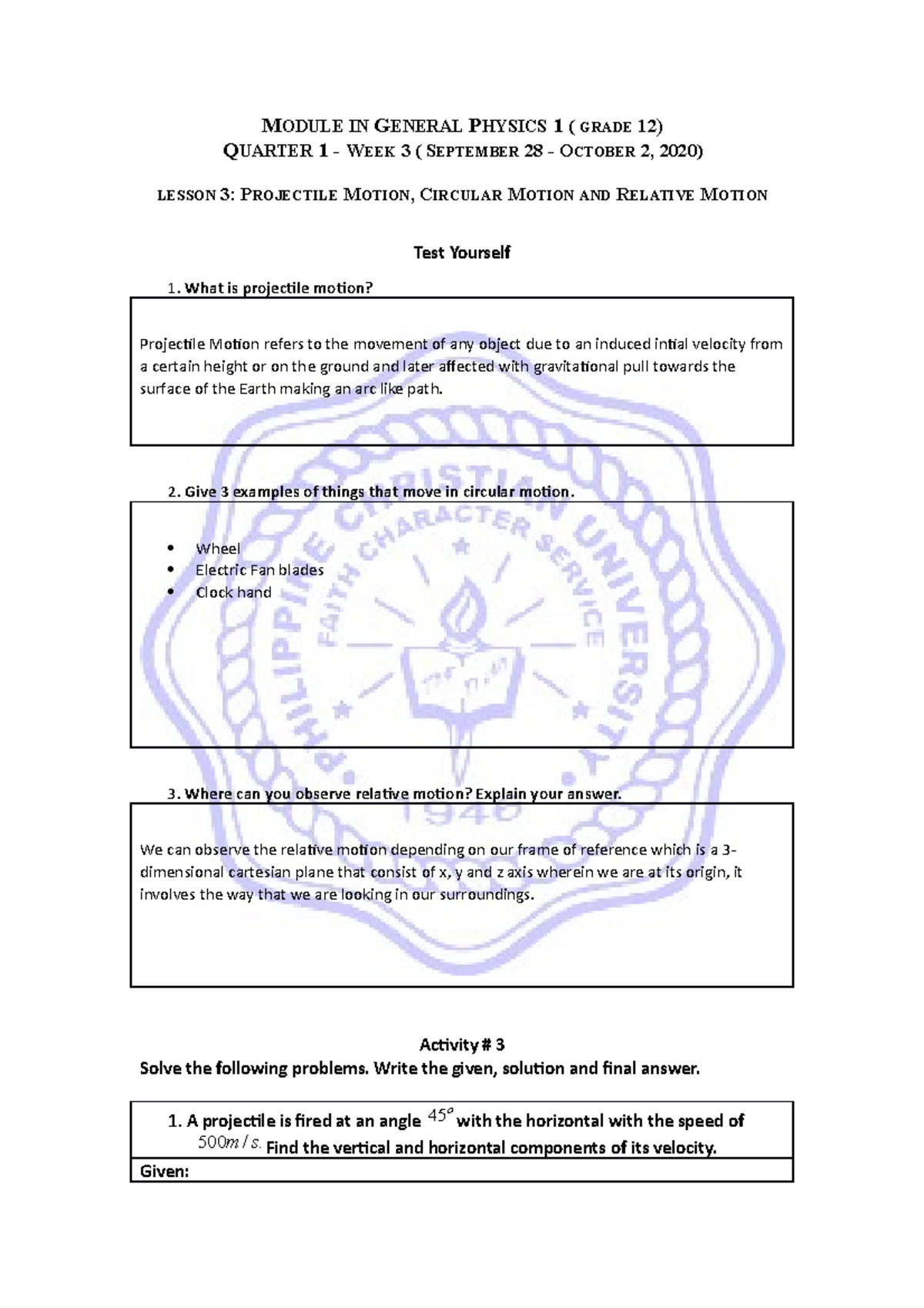 WK3- General Physics 1 - PROJECTILE MOTION, CIRCULAR MOTION AND ...