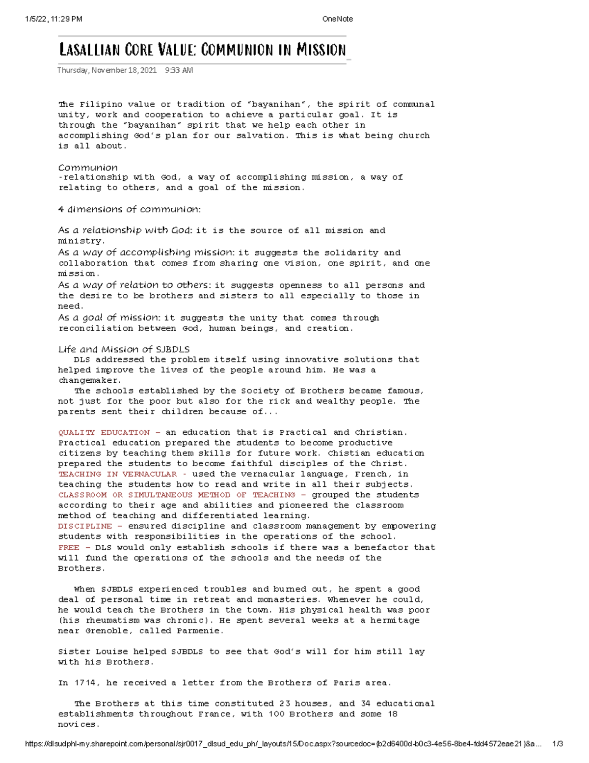 Lasallian Core Value Communion in Mission - 1/5/22, 11:29 PM OneNote ...