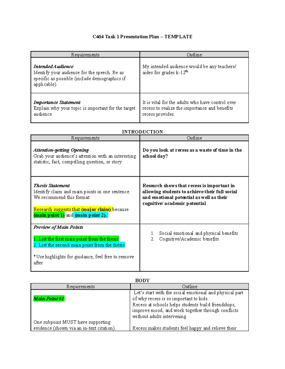 Into to communication task 1 - C464 Task 1 Presentation Plan – TEMPLATE Requirements Outline ...