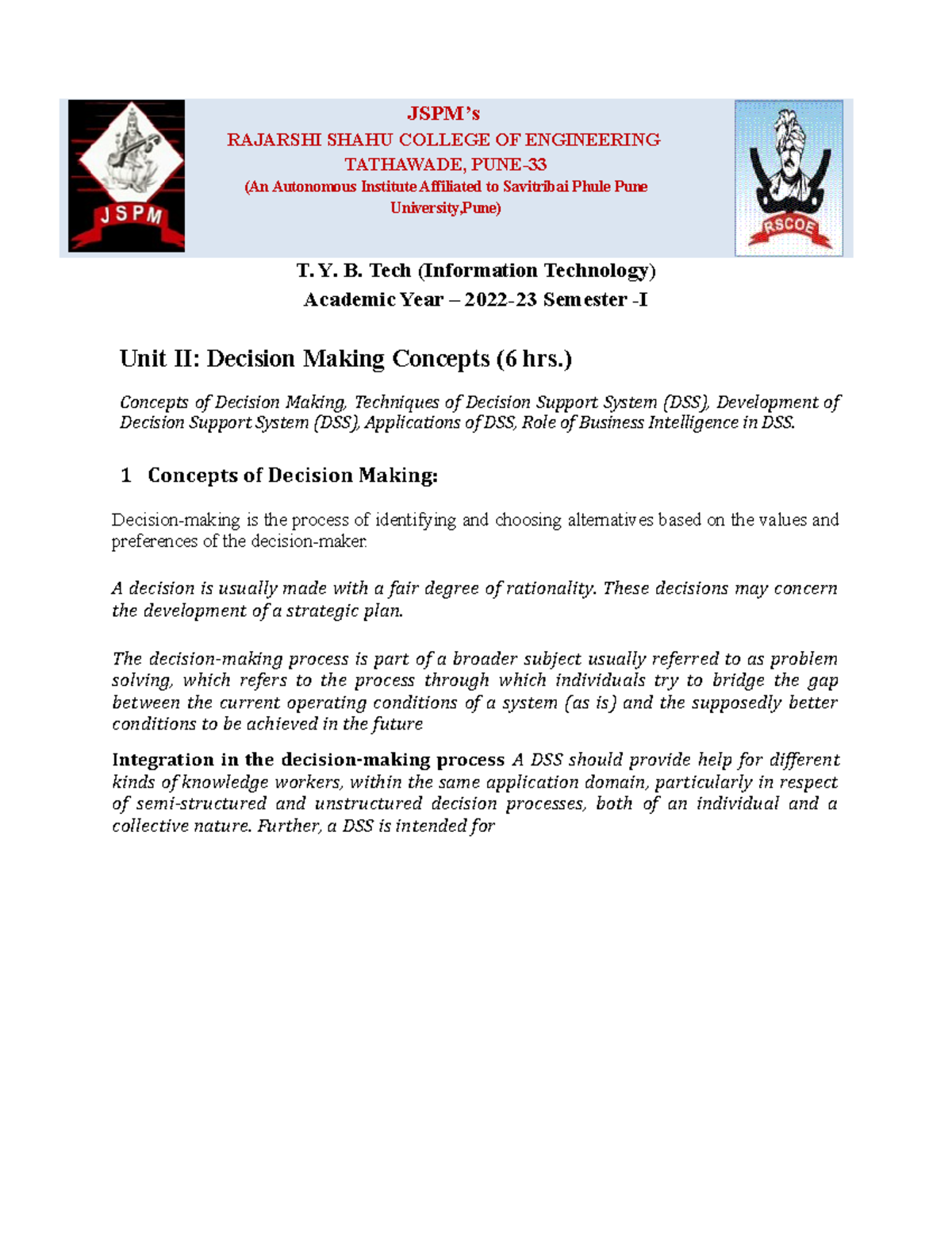 DSS - JSPM’s RAJARSHI SHAHU COLLEGE OF ENGINEERING TATHAWADE, PUNE- (An ...