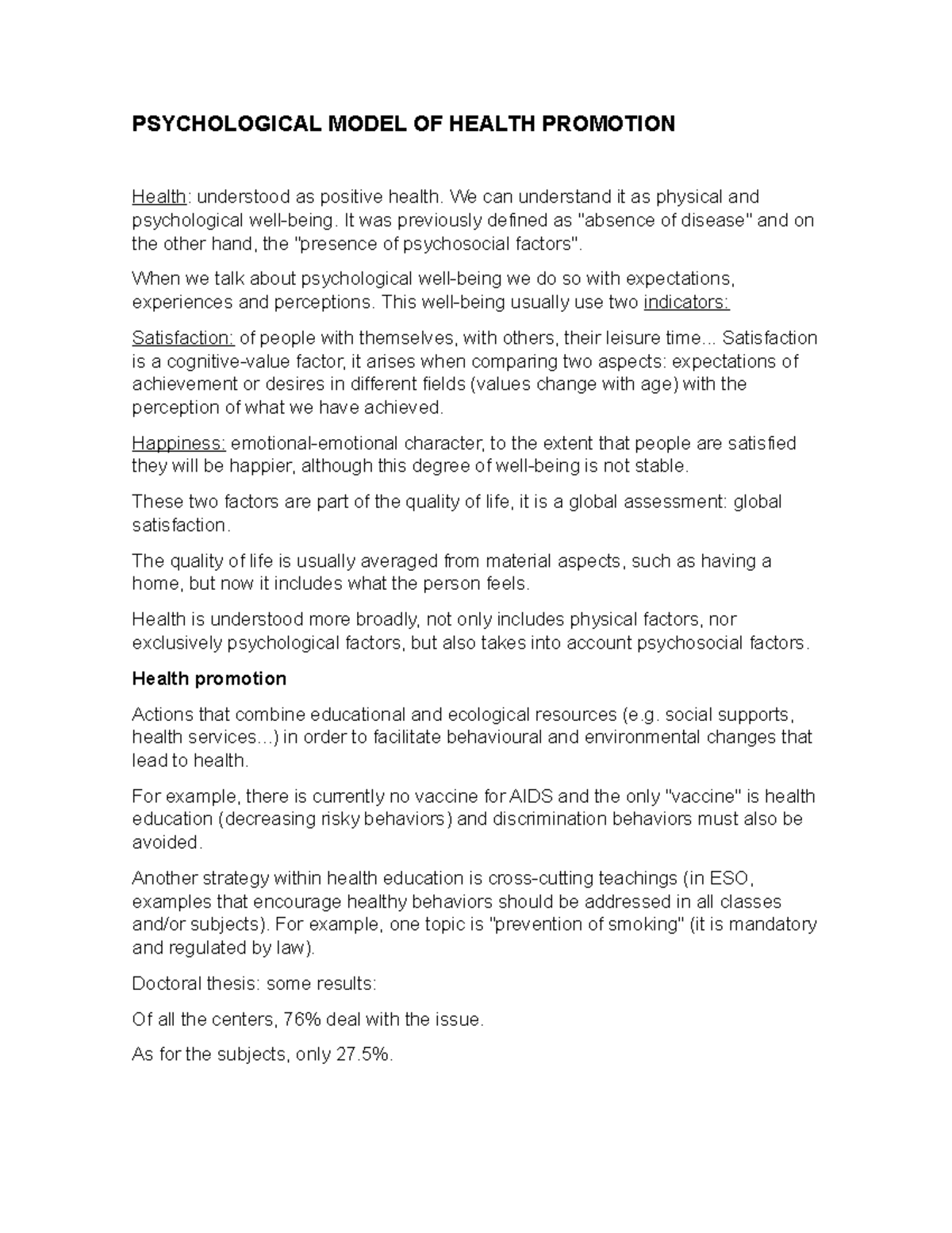 Psychological model of health promotion - PSYCHOLOGICAL MODEL OF HEALTH ...