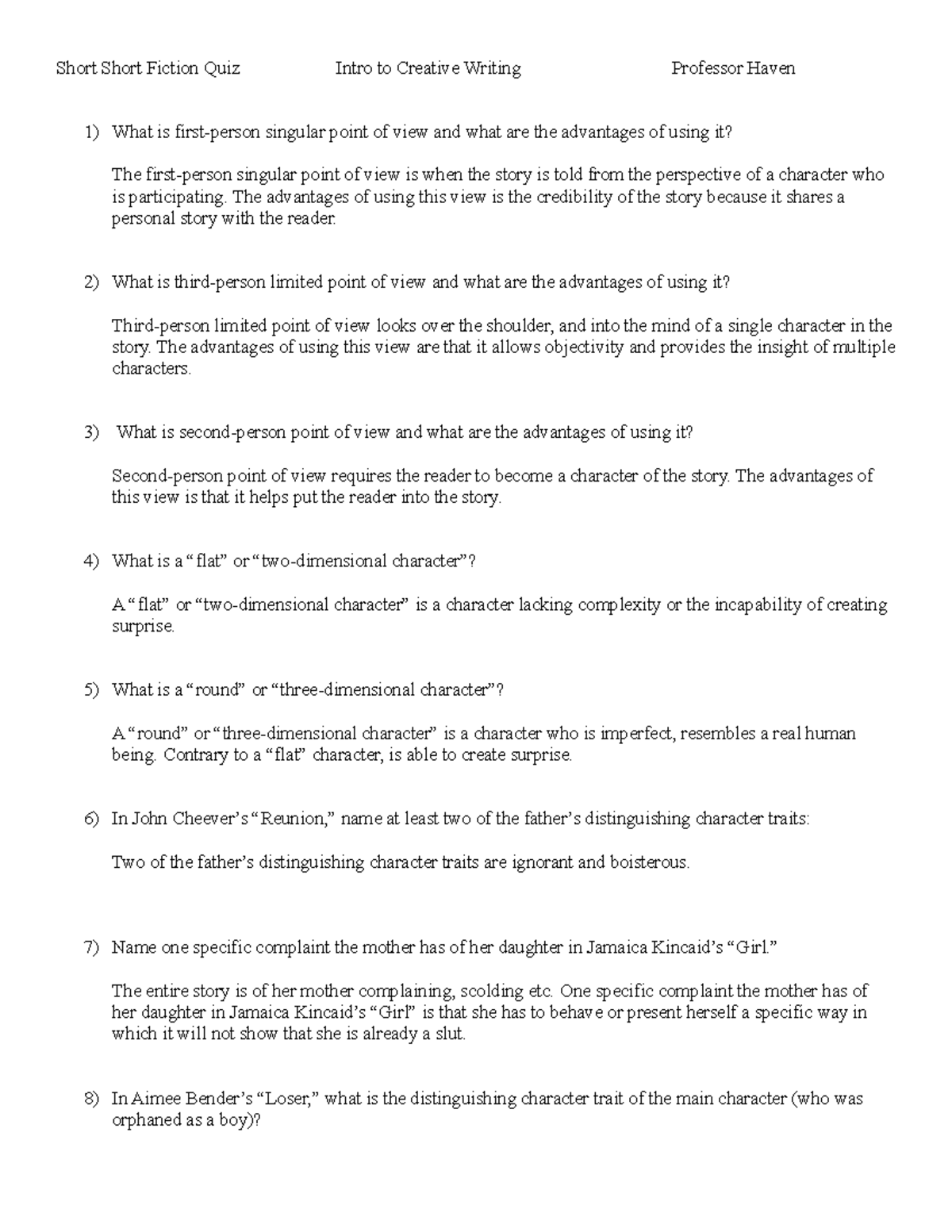 Quiz Short Short Fiction Intro to Creative Writing Professor Haven ...