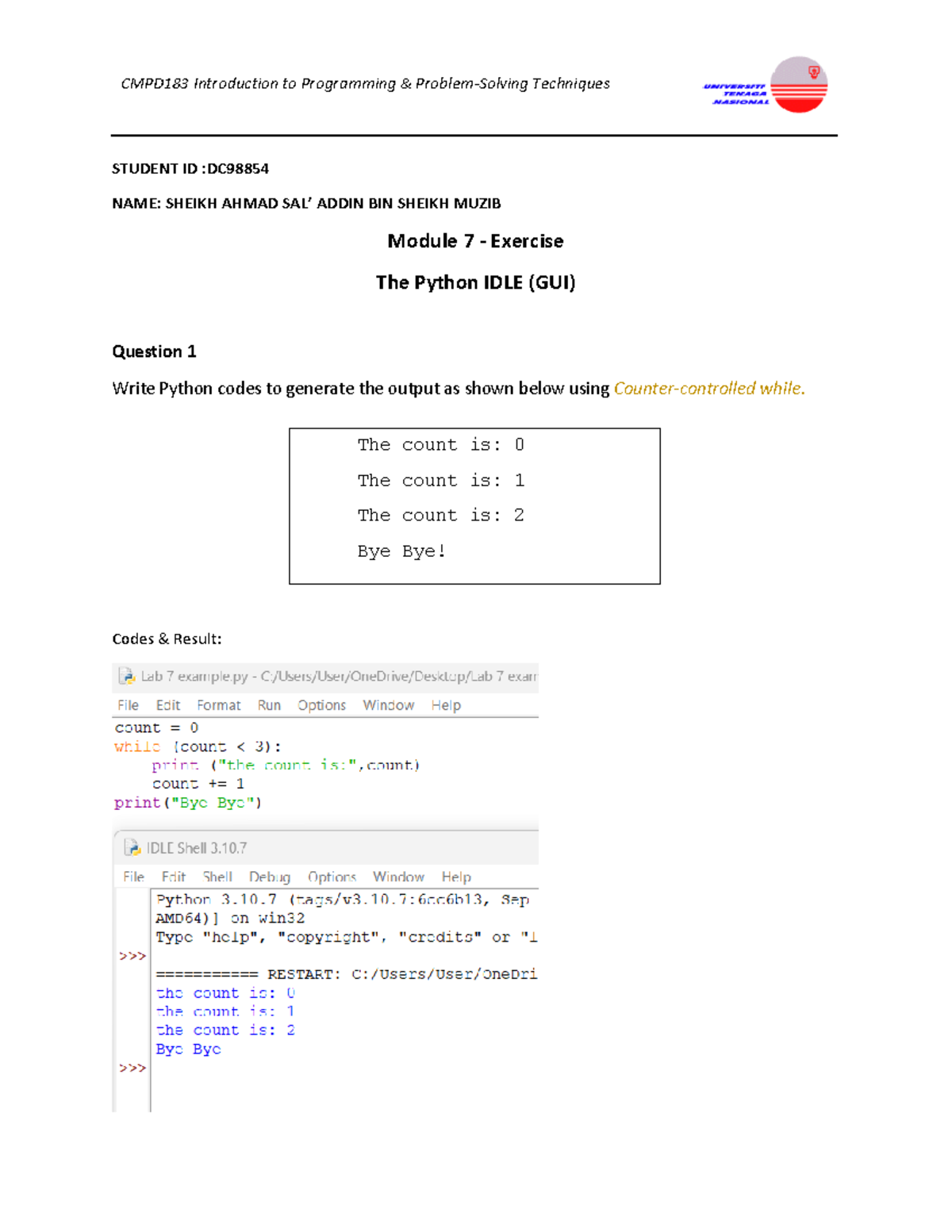 Sheikh DC98854 LAB 7 - lab example - STUDENT ID :DC NAME: SHEIKH AHMAD SAL’ ADDIN BIN SHEIKH ...